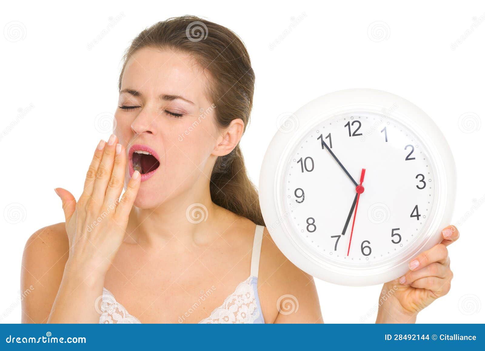Young Woman with Clock Yawing after Sleep Stock Photo - Image of life ...