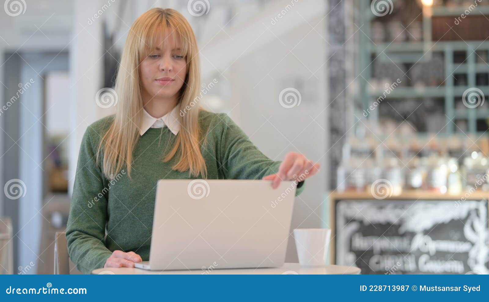 Woman Closing Laptop in Cafe Stock Image - Image of restaurant ...
