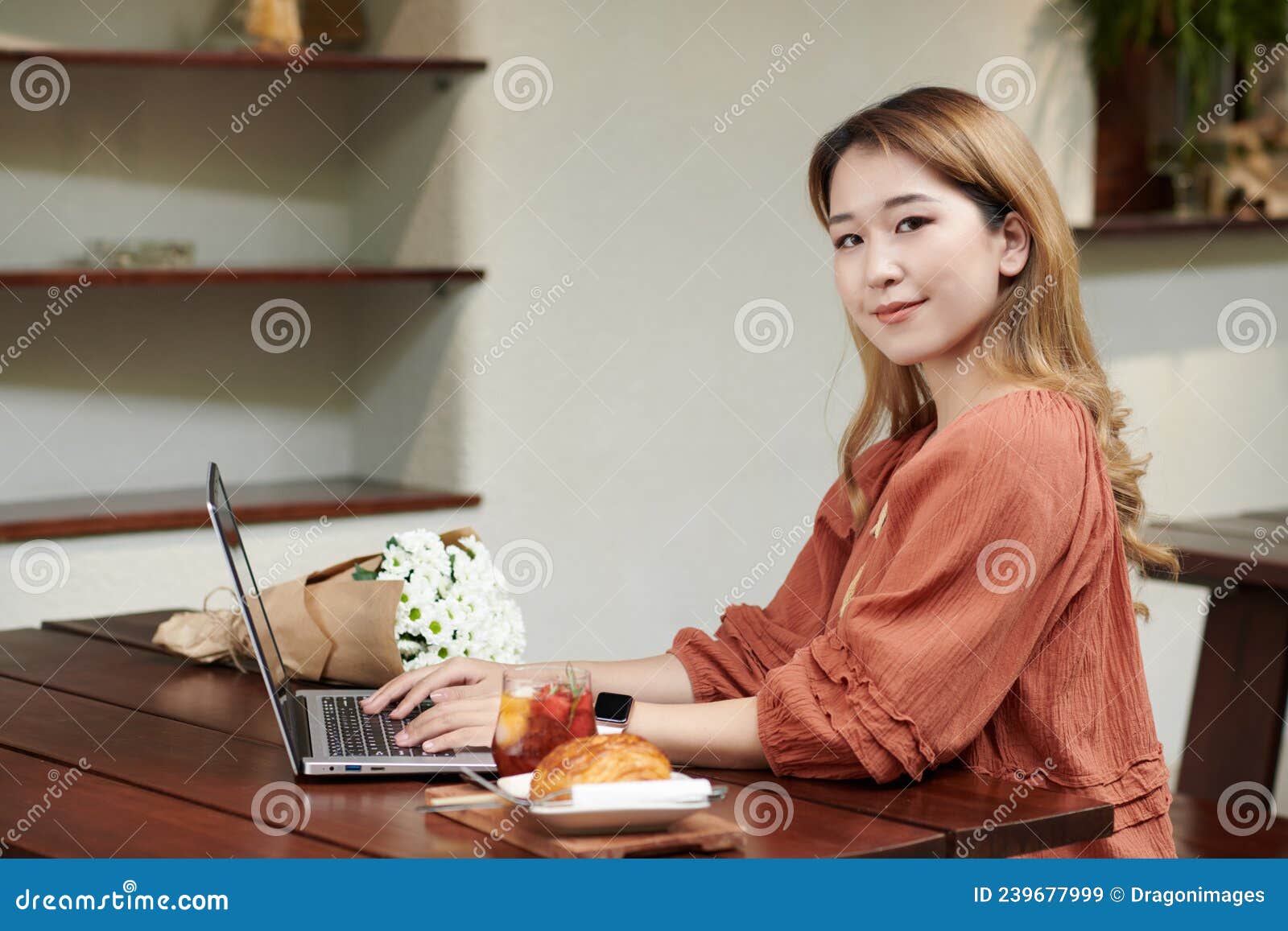 Woman Coding in Cafe stock image. Image of lunch, freshness - 239677999