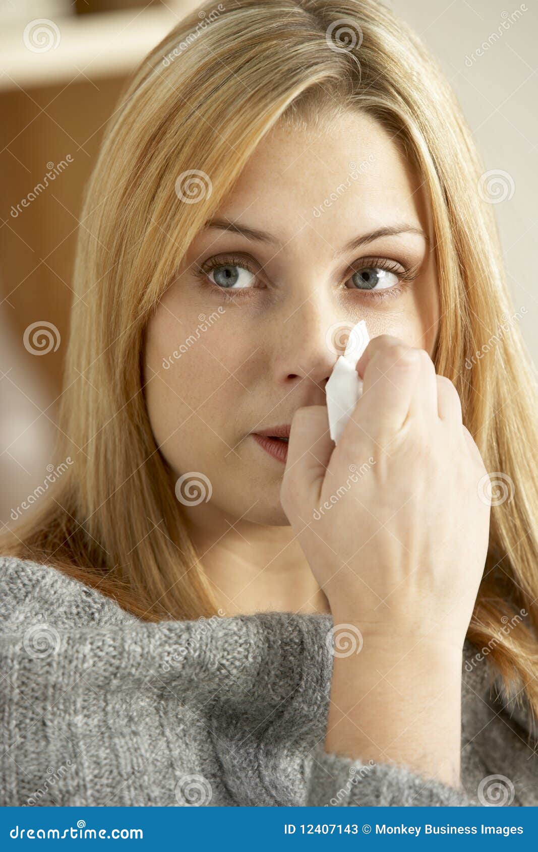 Young Woman with Cold Blowing Nose Stock Image - Image of lounge, alone ...