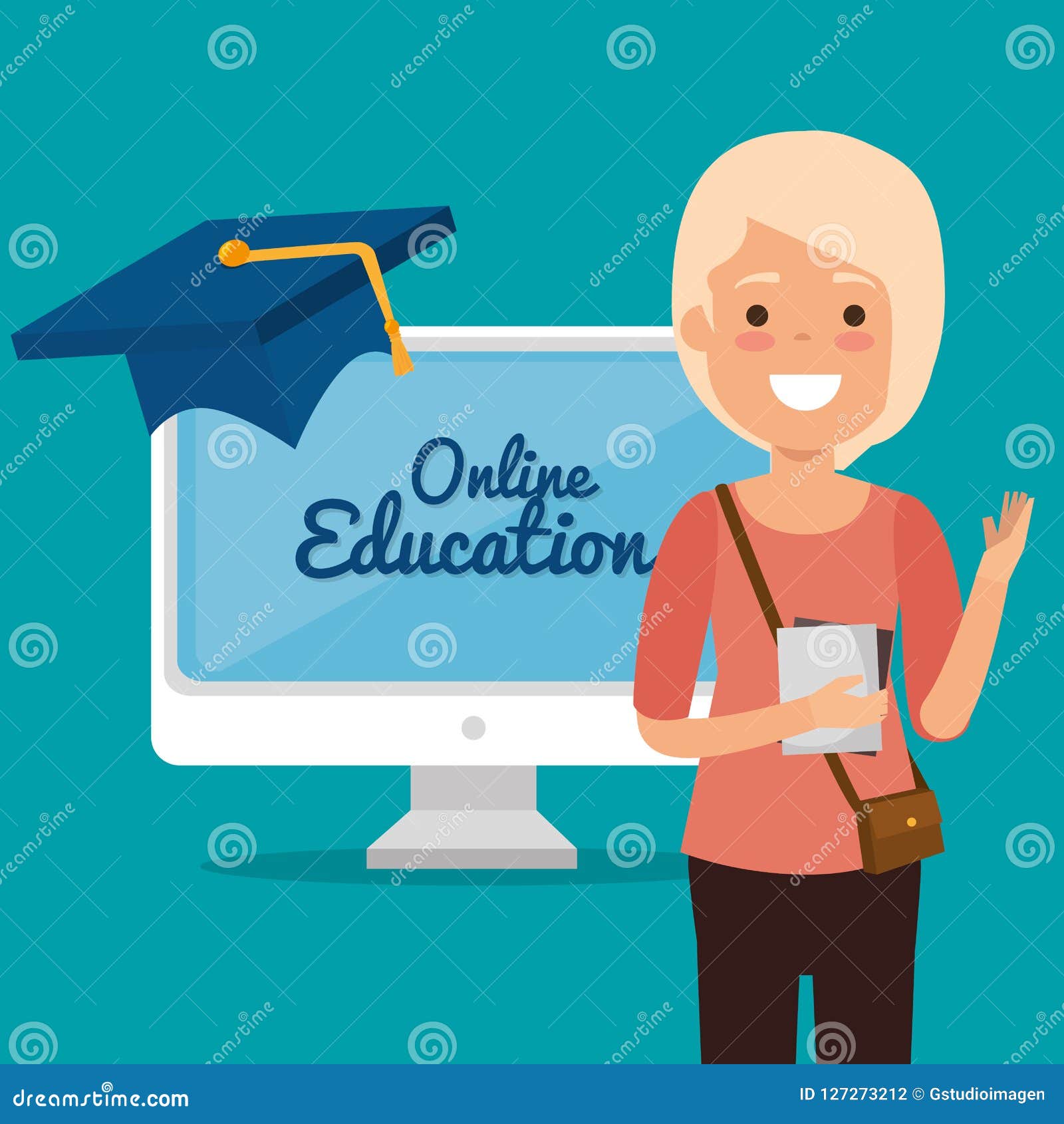 Young Woman with Computer Education Online Stock Vector - Illustration ...