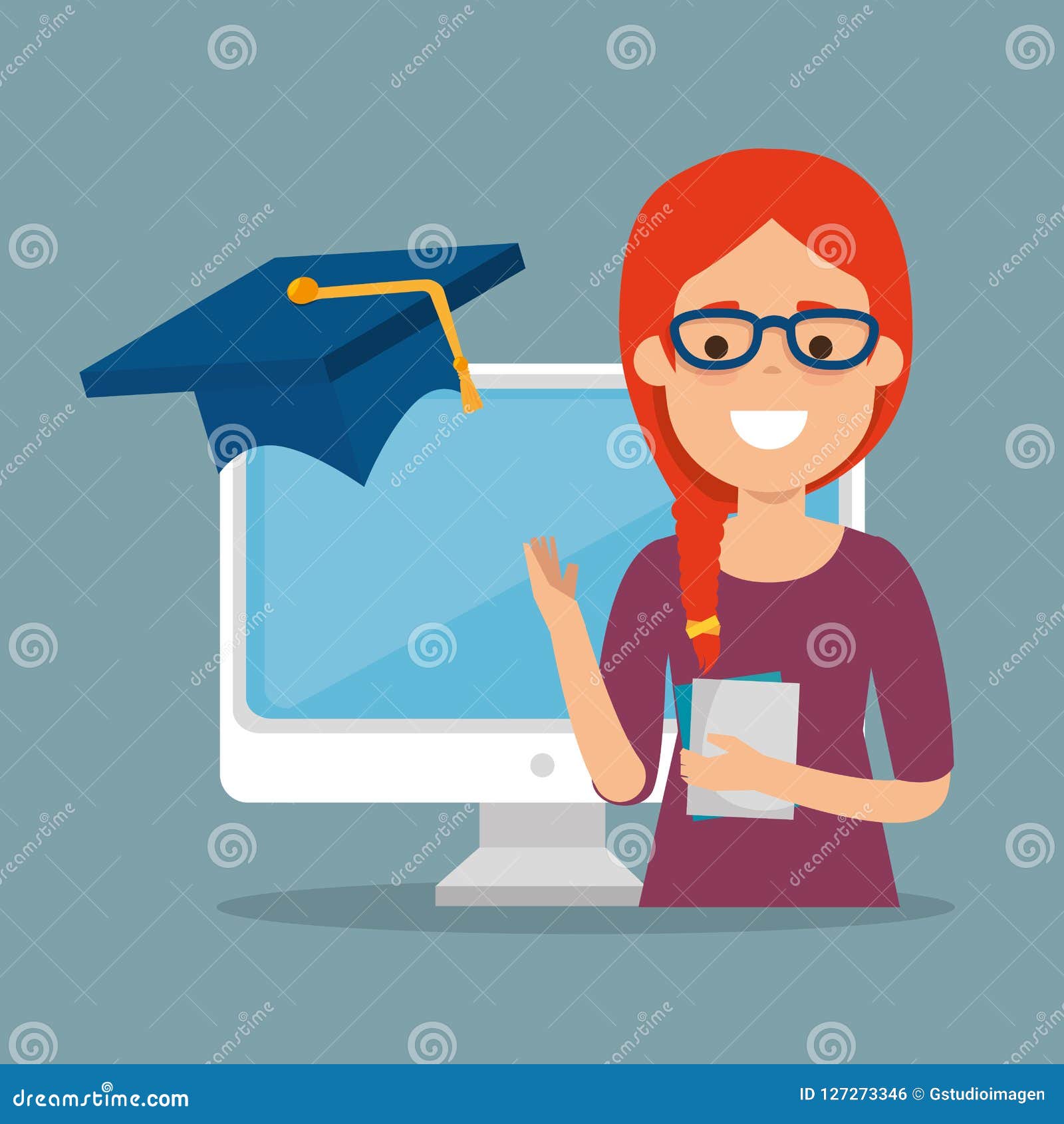 Young Woman with Computer Education Online Stock Vector - Illustration ...