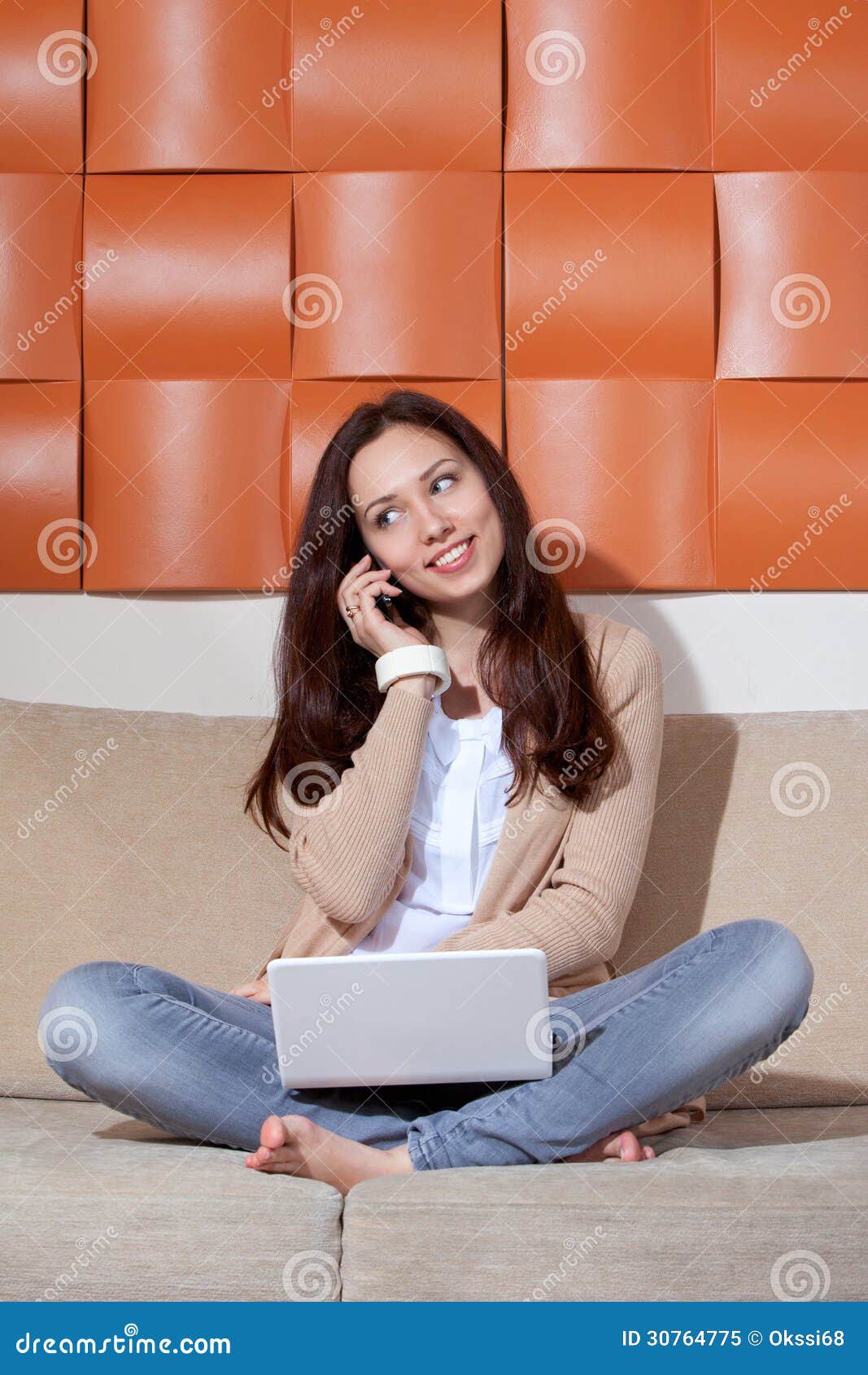 Young Woman with a Computer and Phone Stock Image - Image of hair ...