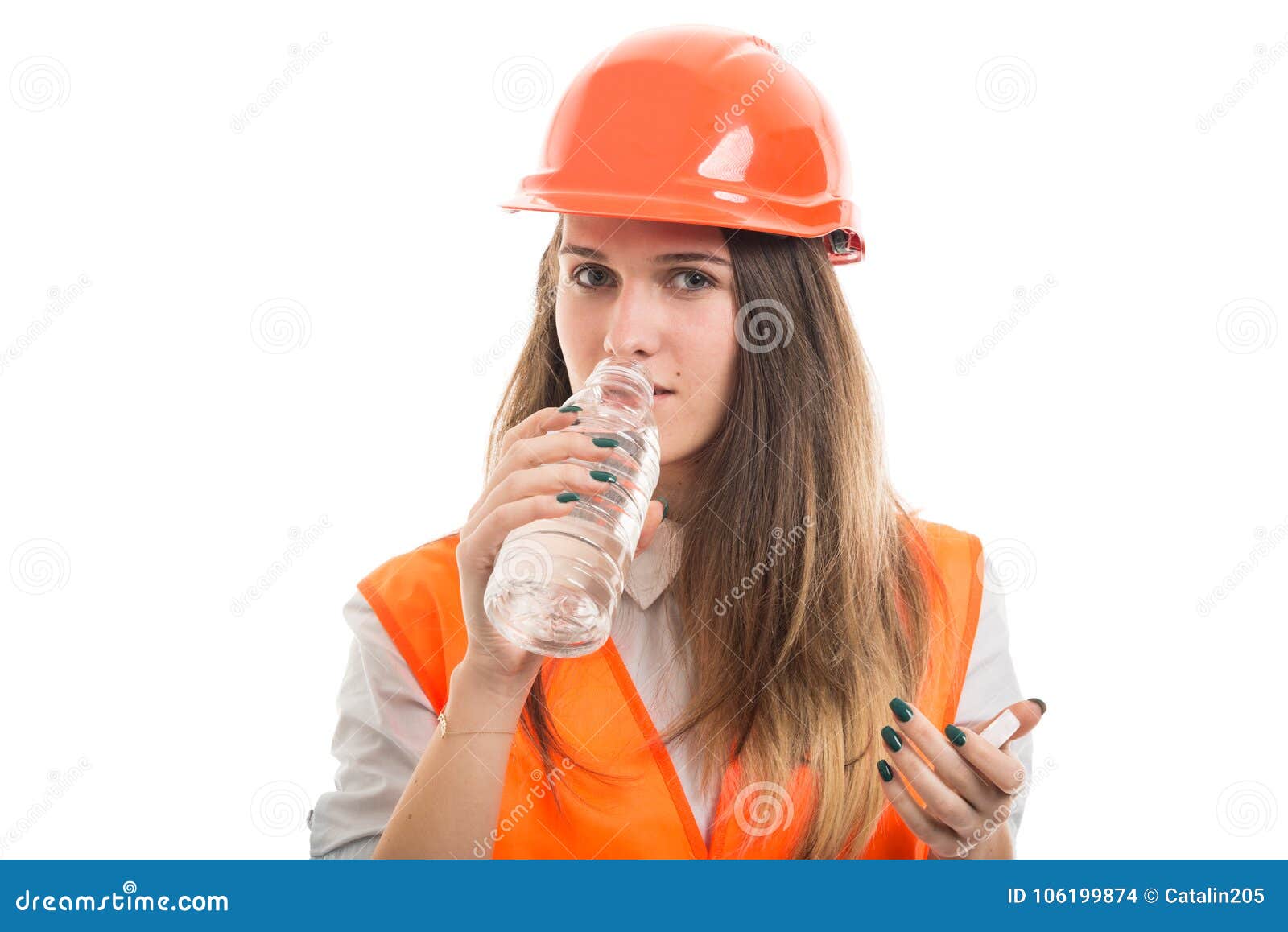 Young Woman Constructor Drinking Water Stock Photo - Image of activity ...