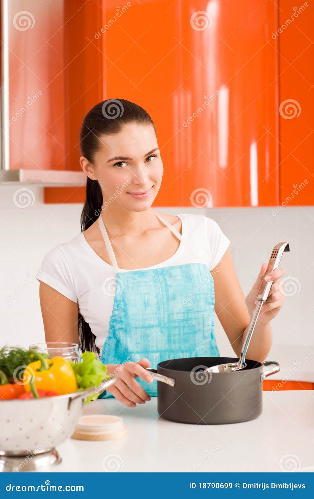 Young Woman Cooking in the Kitchen, Tasting Soup Stock Image - Image of ...