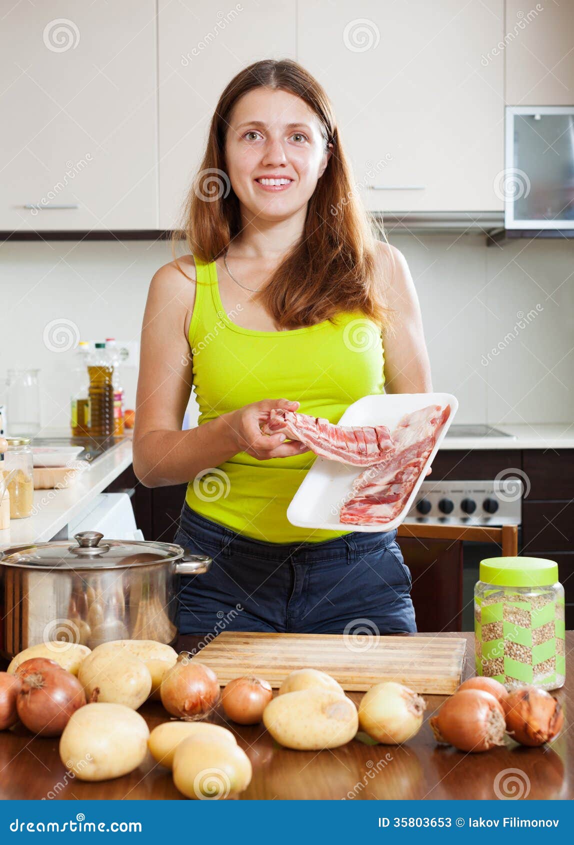 Young Woman Cooking with Lamb Meat Stock Image - Image of kitchen ...