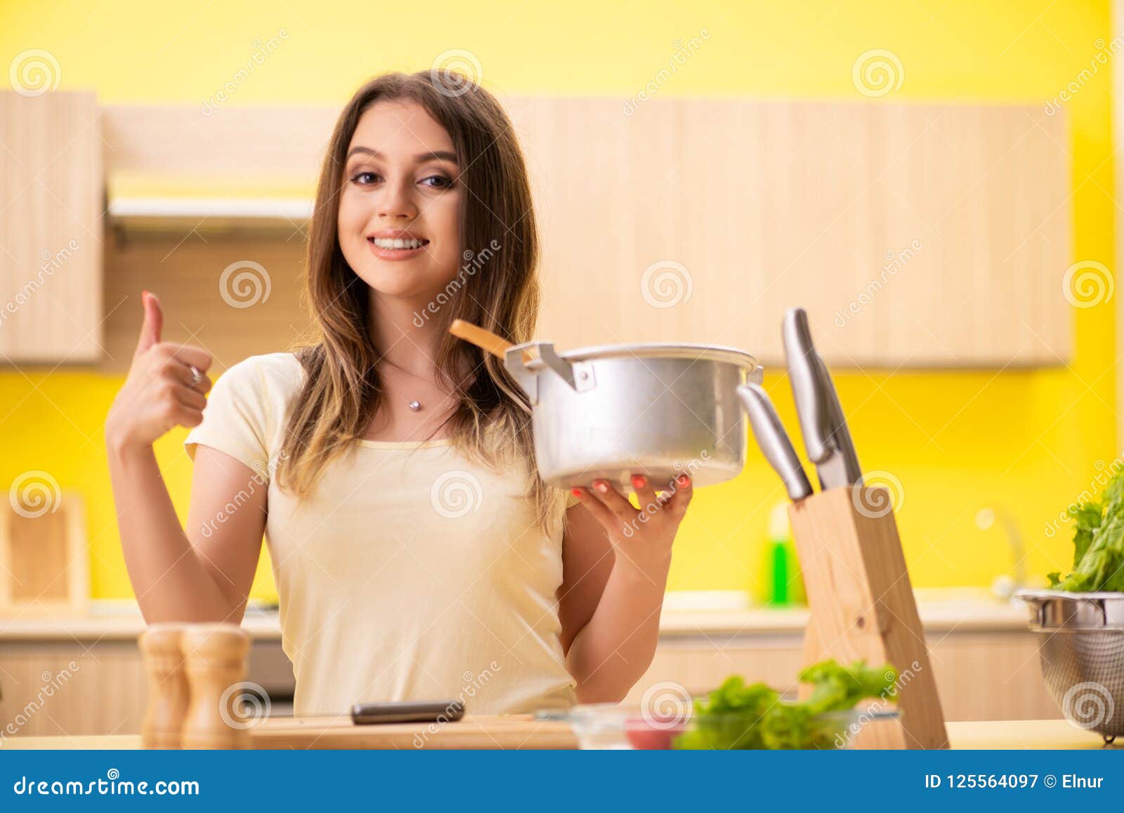 The Young Woman Cooking Soup in Kitchen at Home Stock Image - Image of ...