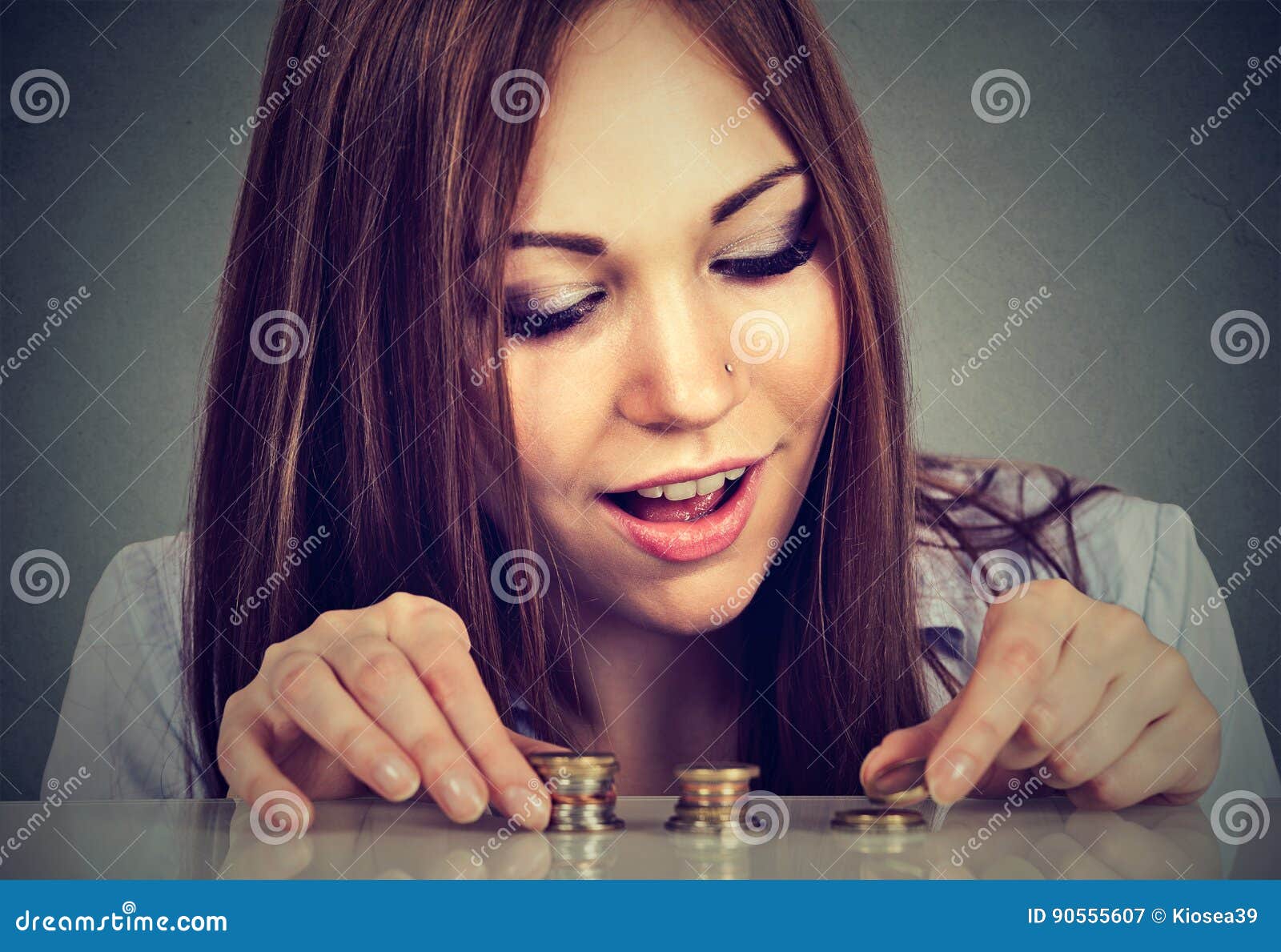 Young Woman Counting Money Stacking Up Coins Stock Image - Image of ...