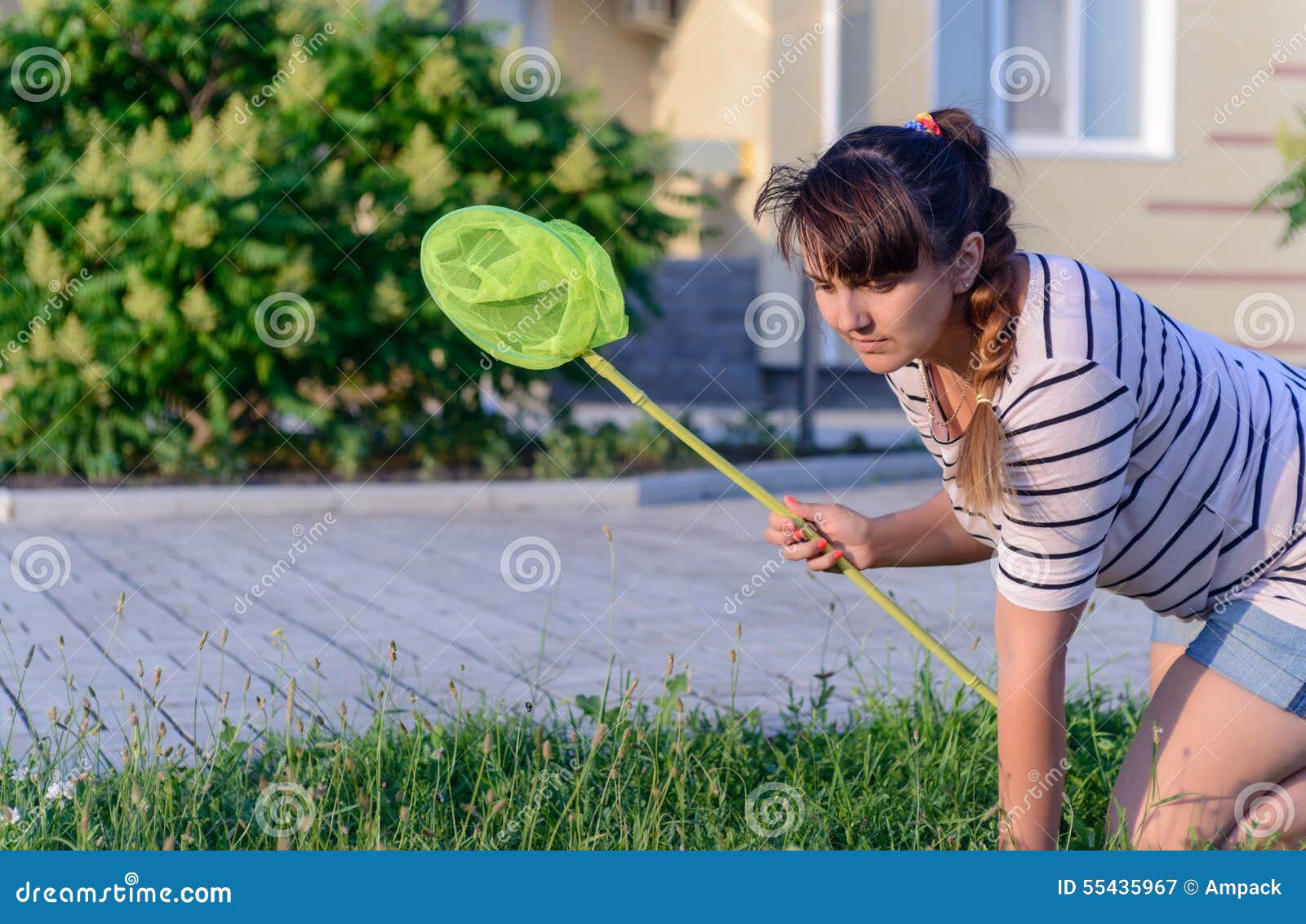 Young Woman Crawling on Lawn with Bug Net Stock Image - Image of ...