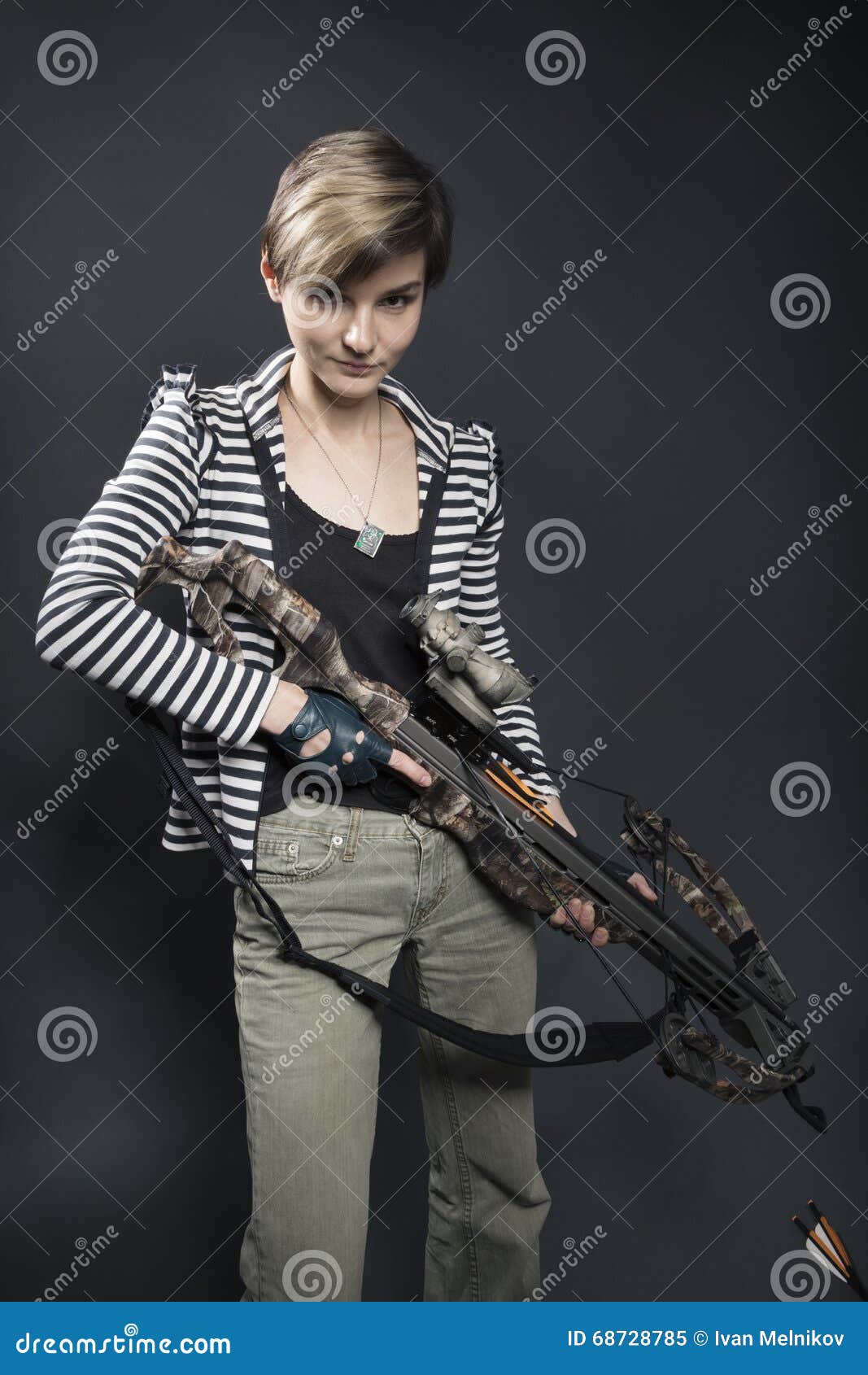 Young Woman with a Crossbow Stock Image - Image of dress, arbalest ...