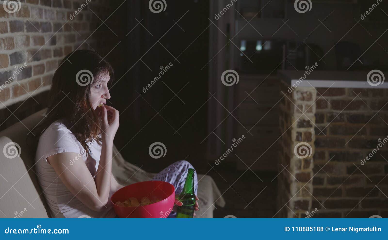 Young Woman Crying in Front of TV and Drinking Wine Stock Photo - Image ...