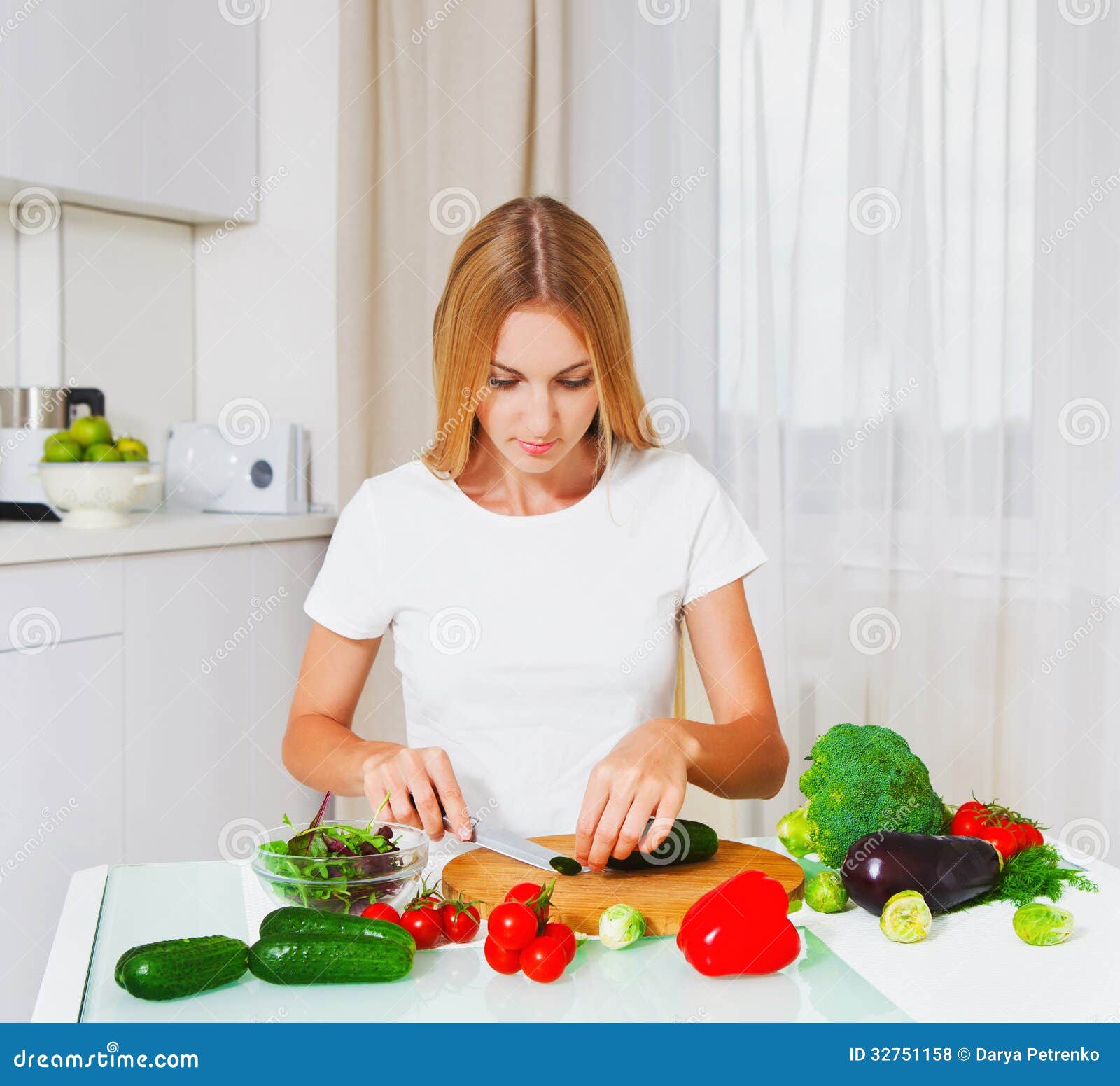 Young Woman Cutting Vegetables Stock Photo - Image of closeup, cucumber ...