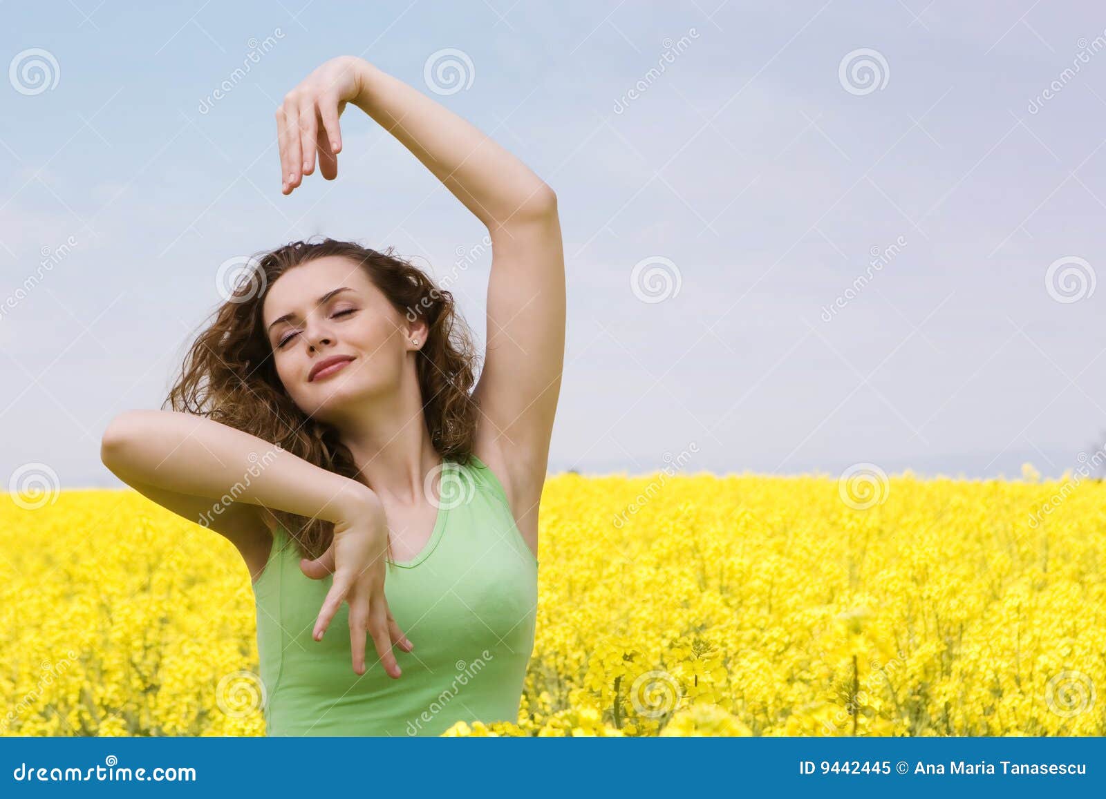 Young Woman Dancing in Flower Field Stock Image - Image of relax ...