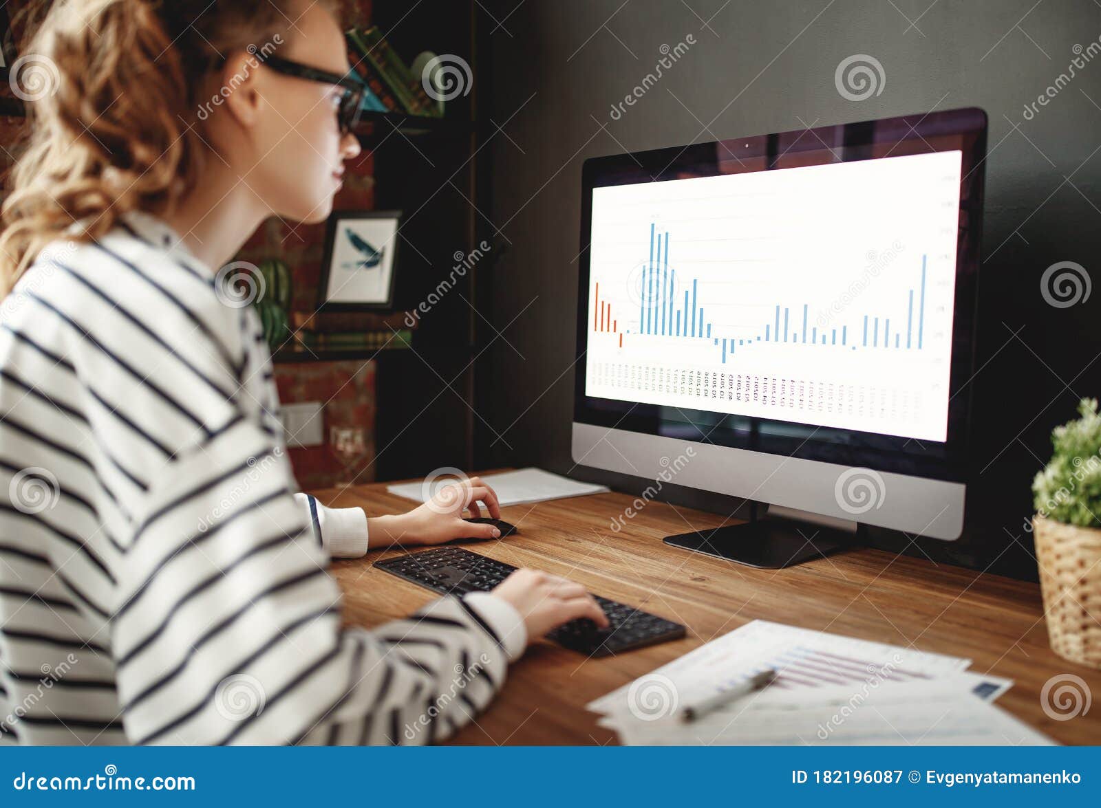 Young Woman about Data Analysis during Work at Computer Stock Image ...