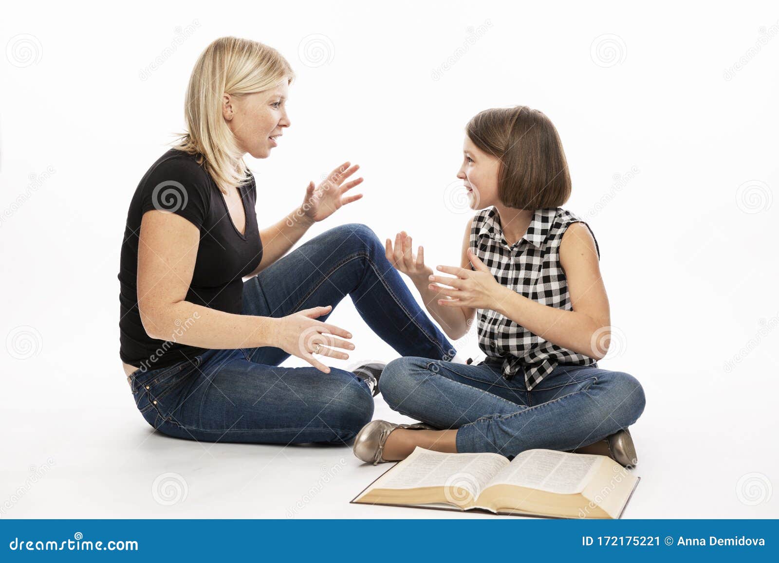 Young Woman with Daughter Do Homework. White Background. Vertical Stock ...