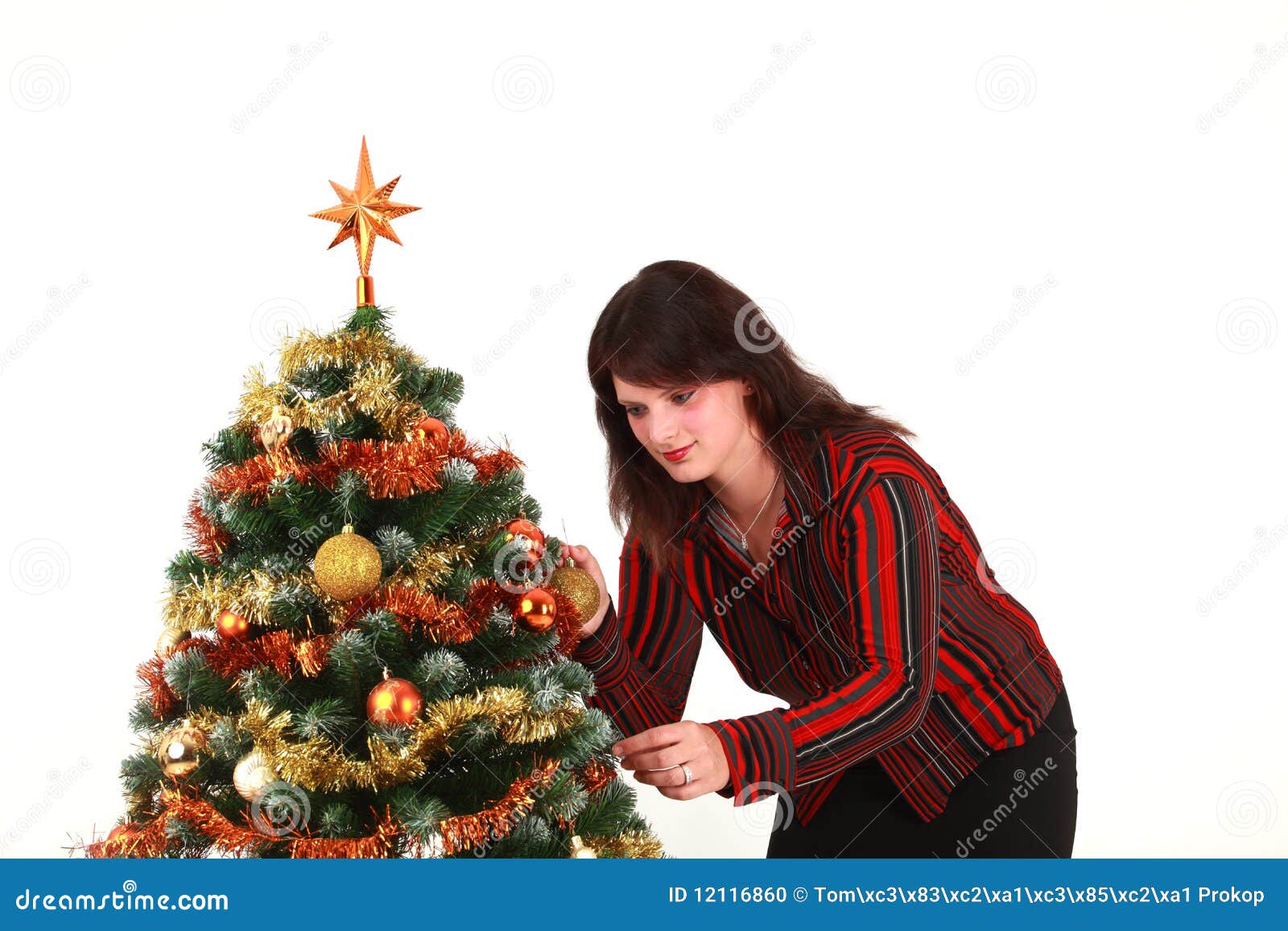Young Woman Decorating Christmas Tree Stock Photo - Image of standing ...