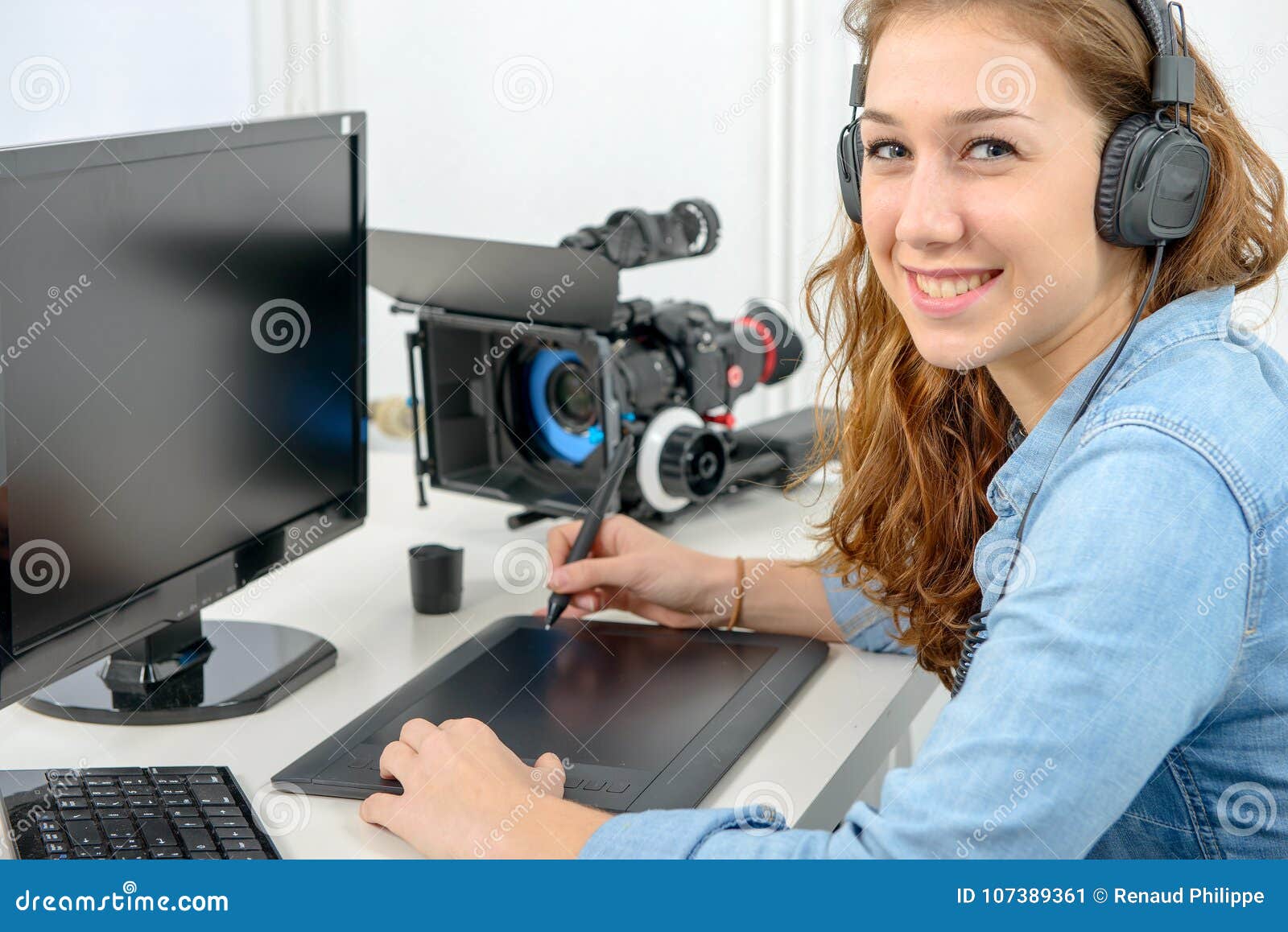 Young Woman Designer Using Graphics Tablet for Video Editing Stock ...