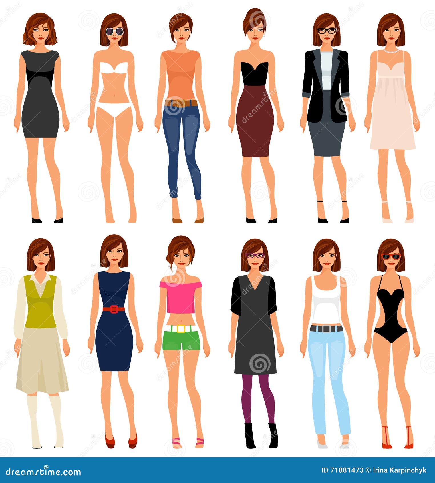 Young Woman in Different Clothes and with Different Hair. Vector ...