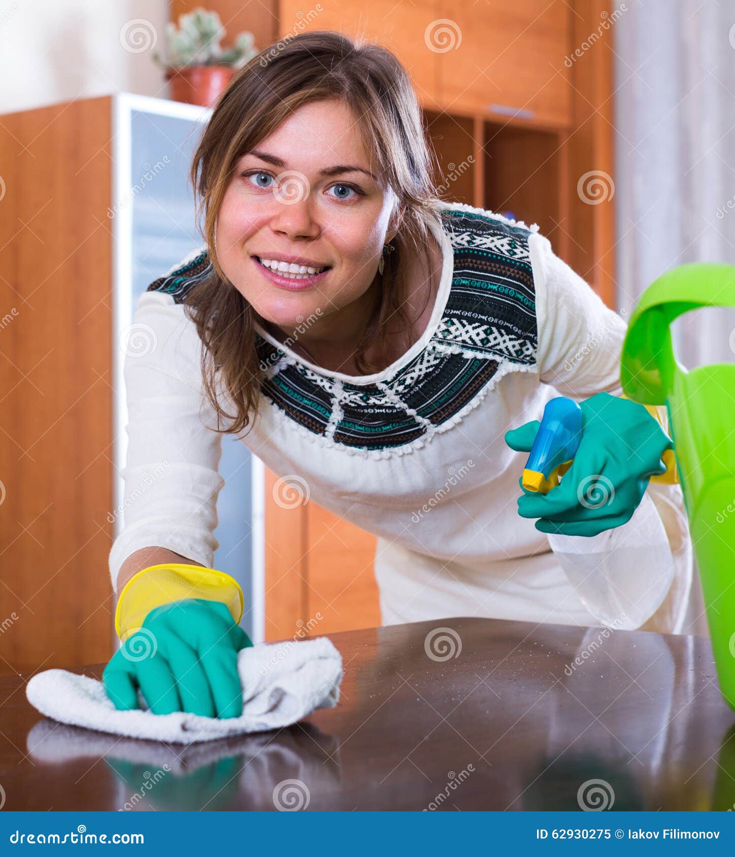 Young woman doing clean-up stock image. Image of apartment - 62930275
