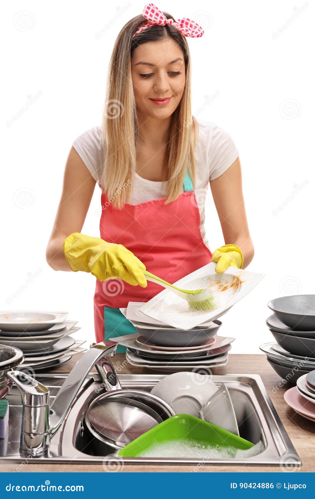 Young Woman Doing the Dishes with a Brush Stock Photo - Image of pretty ...