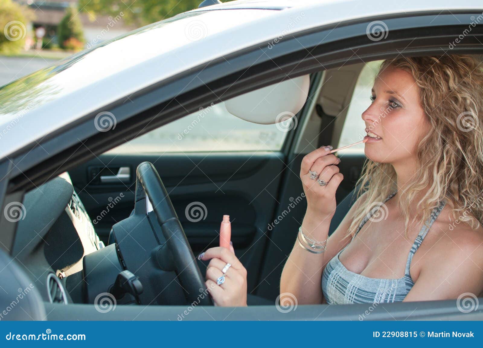 Young Woman Doing Make Up in Car Stock Image - Image of inside, adult ...