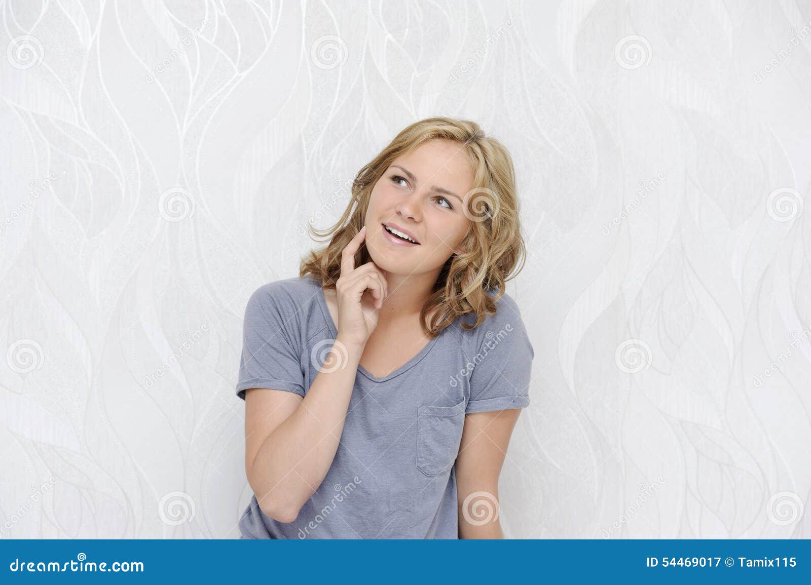 Young Woman Dreaming and Smiling Stock Image - Image of person, casual ...