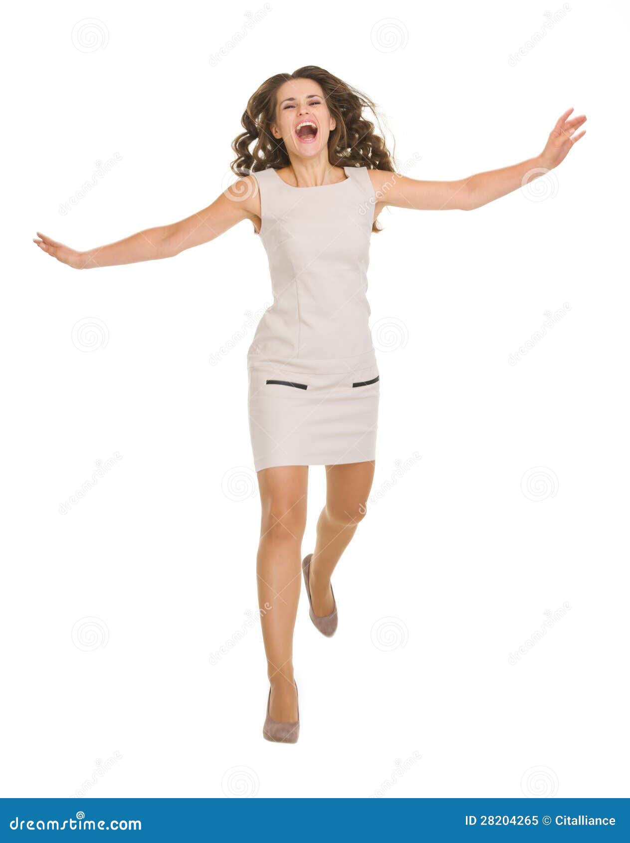 Young Woman in Dress Jumping Forward Stock Image - Image of jumping ...