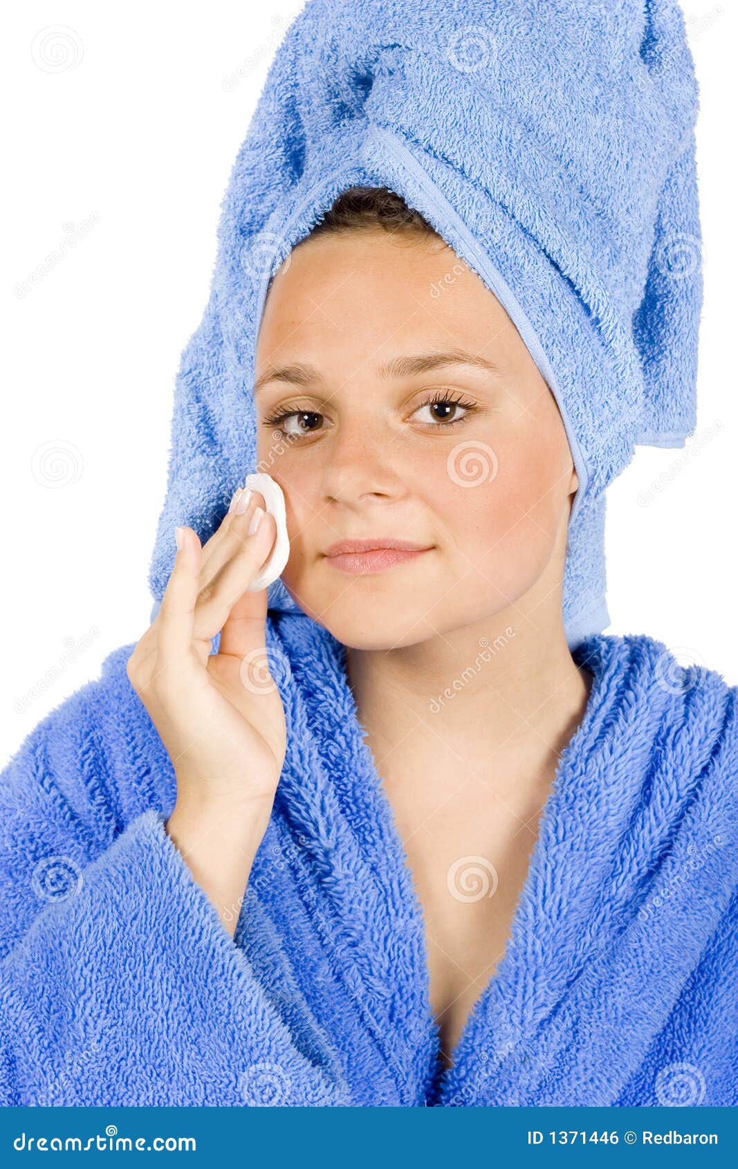 Young Woman Dressed Blue Bathrobe Removal Make-up Stock Photo - Image ...