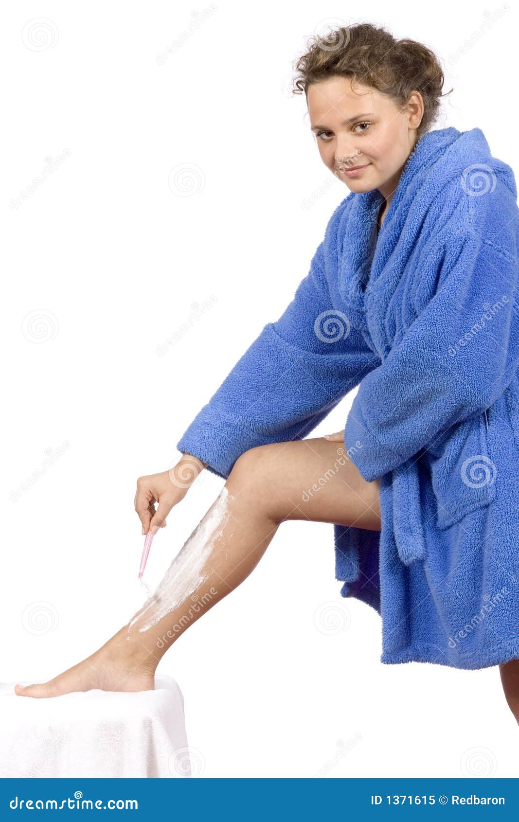 Young Woman Dressed Blue Bathrobe Shaving Leg Stock Image - Image of ...