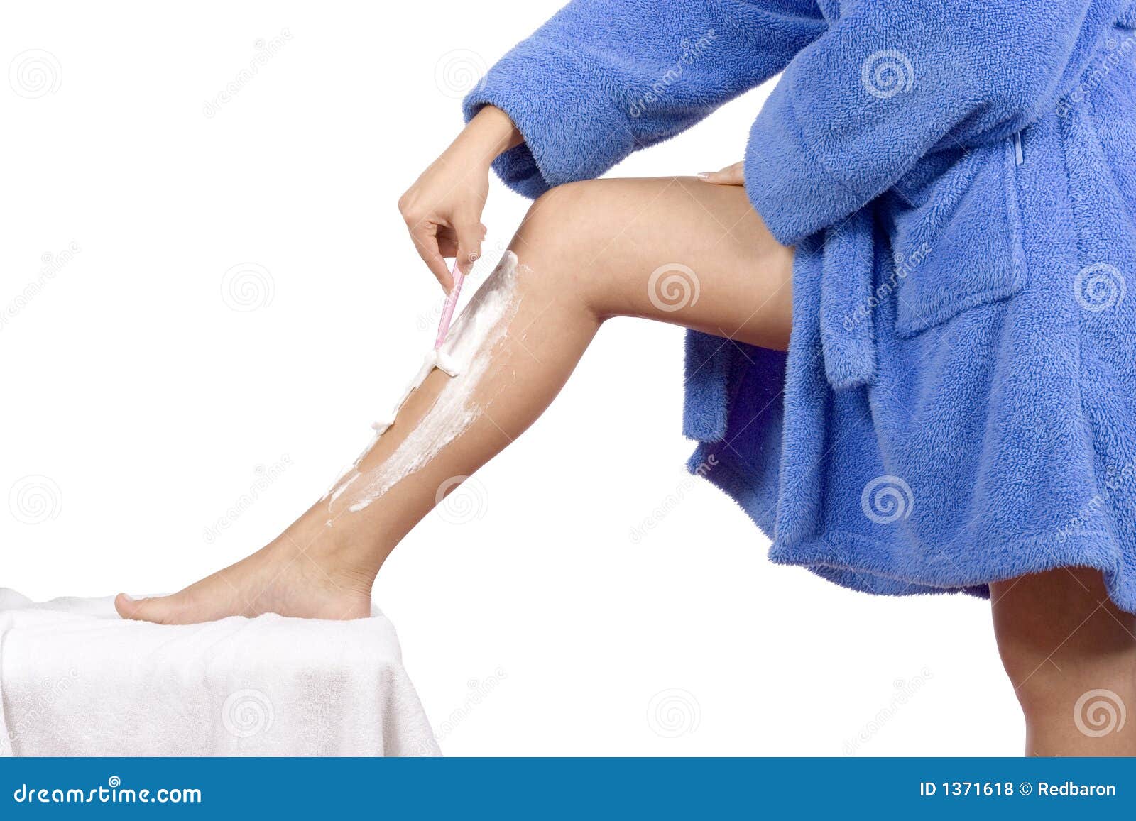 Young Woman Dressed Blue Bathrobe Shaving Leg Stock Photo - Image of ...