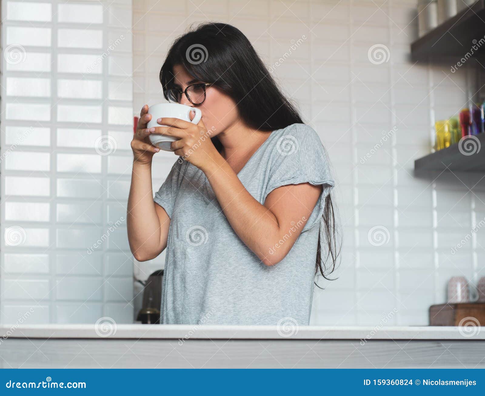 Young Woman Drinking Coffee at Home Stock Photo - Image of kitchen ...