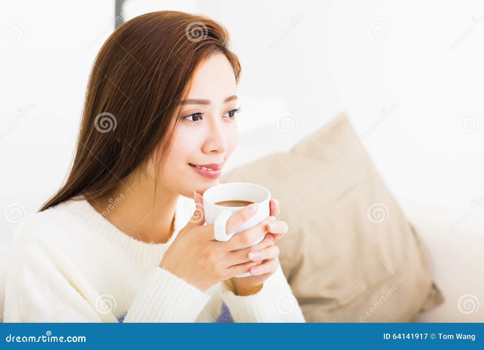 Young Woman Drinking Coffee and Sitting on Sofa Stock Image - Image of ...