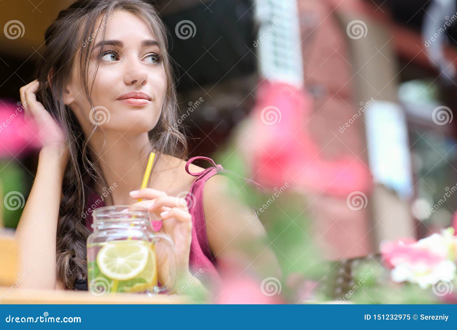 Young Woman Drinking Fresh Lemonade in Cafe Stock Image - Image of ...