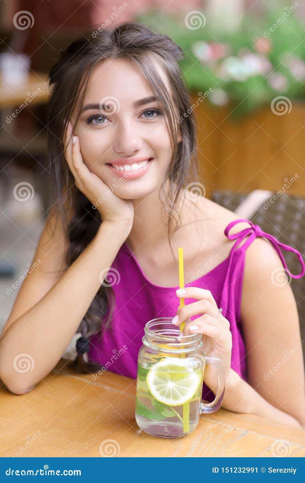 Young Woman Drinking Fresh Lemonade in Cafe Stock Image - Image of ...