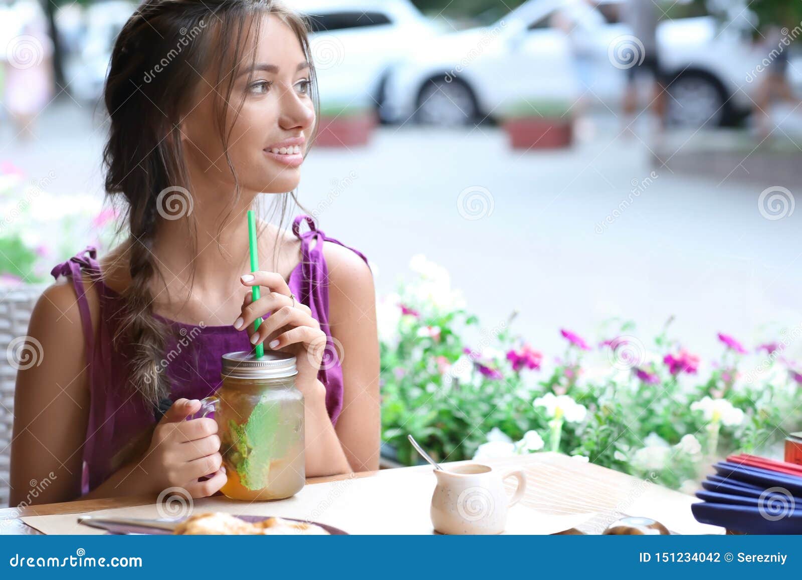 Young Woman Drinking Fresh Lemonade in Cafe Stock Photo - Image of ...