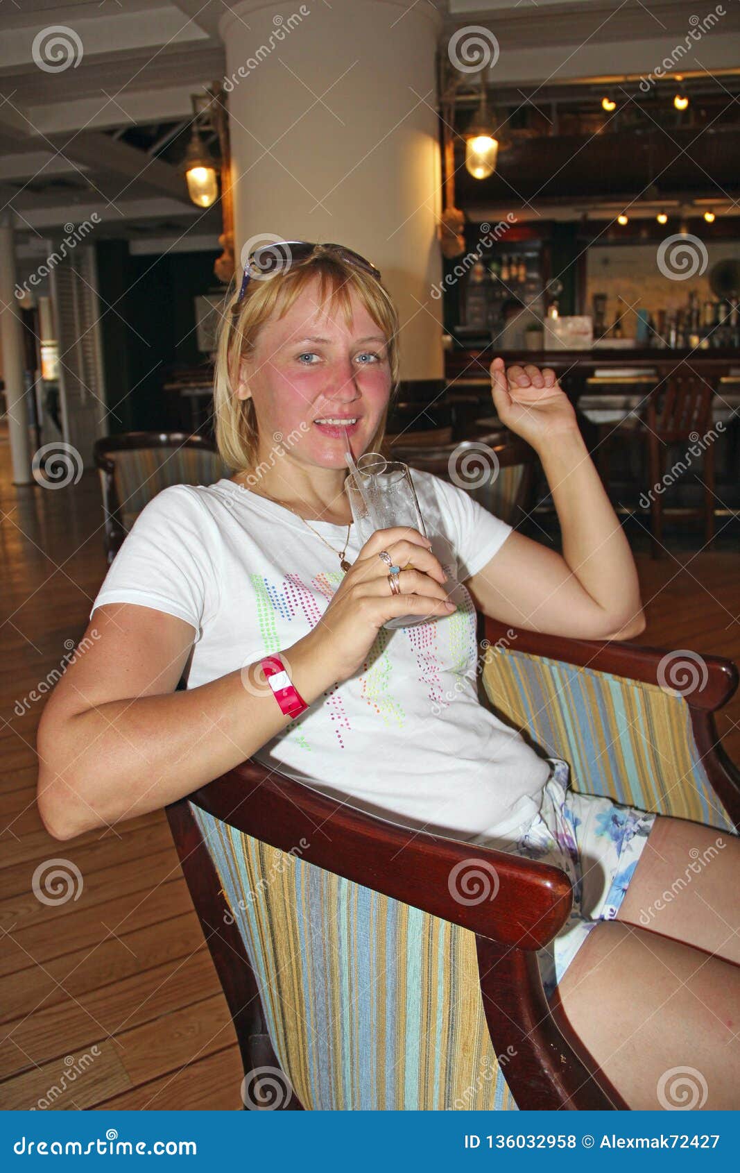 Young Woman Drinking Gin Tonic Through Straw Pretty Girl Enjoying