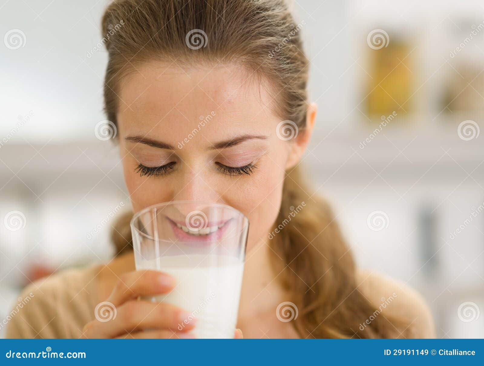 Young Woman Drinking Milk in Kitchen Stock Image - Image of healthy ...