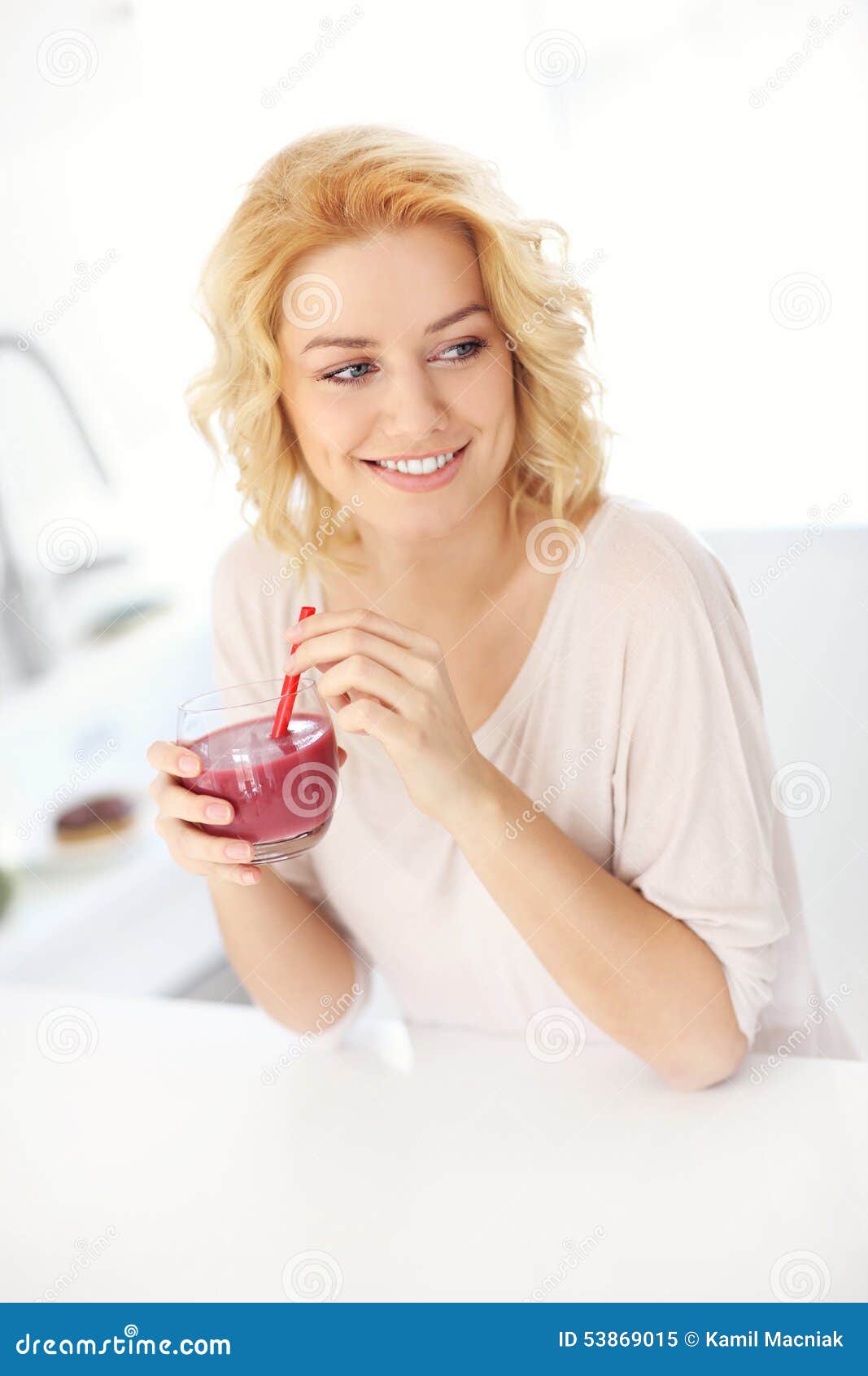 Young Woman Drinking Smoothie in the Kitchen Stock Image - Image of ...