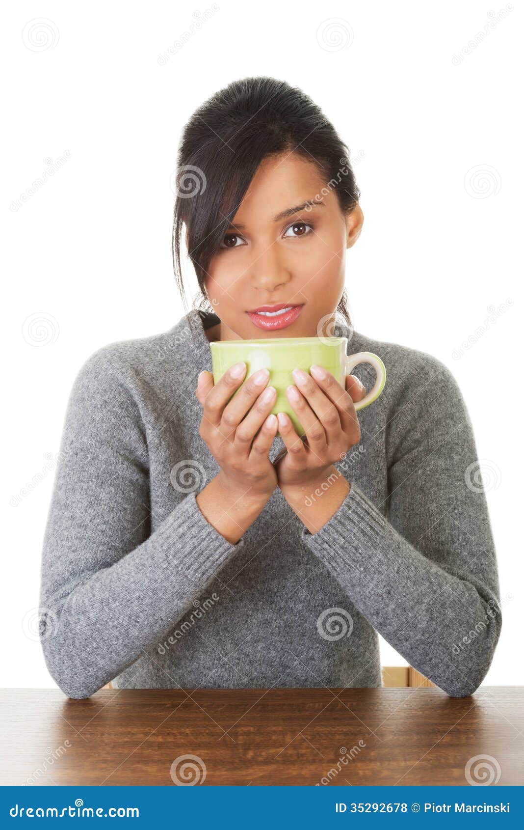 Young Woman Drinking Something from Big Mug Stock Photo - Image of ...