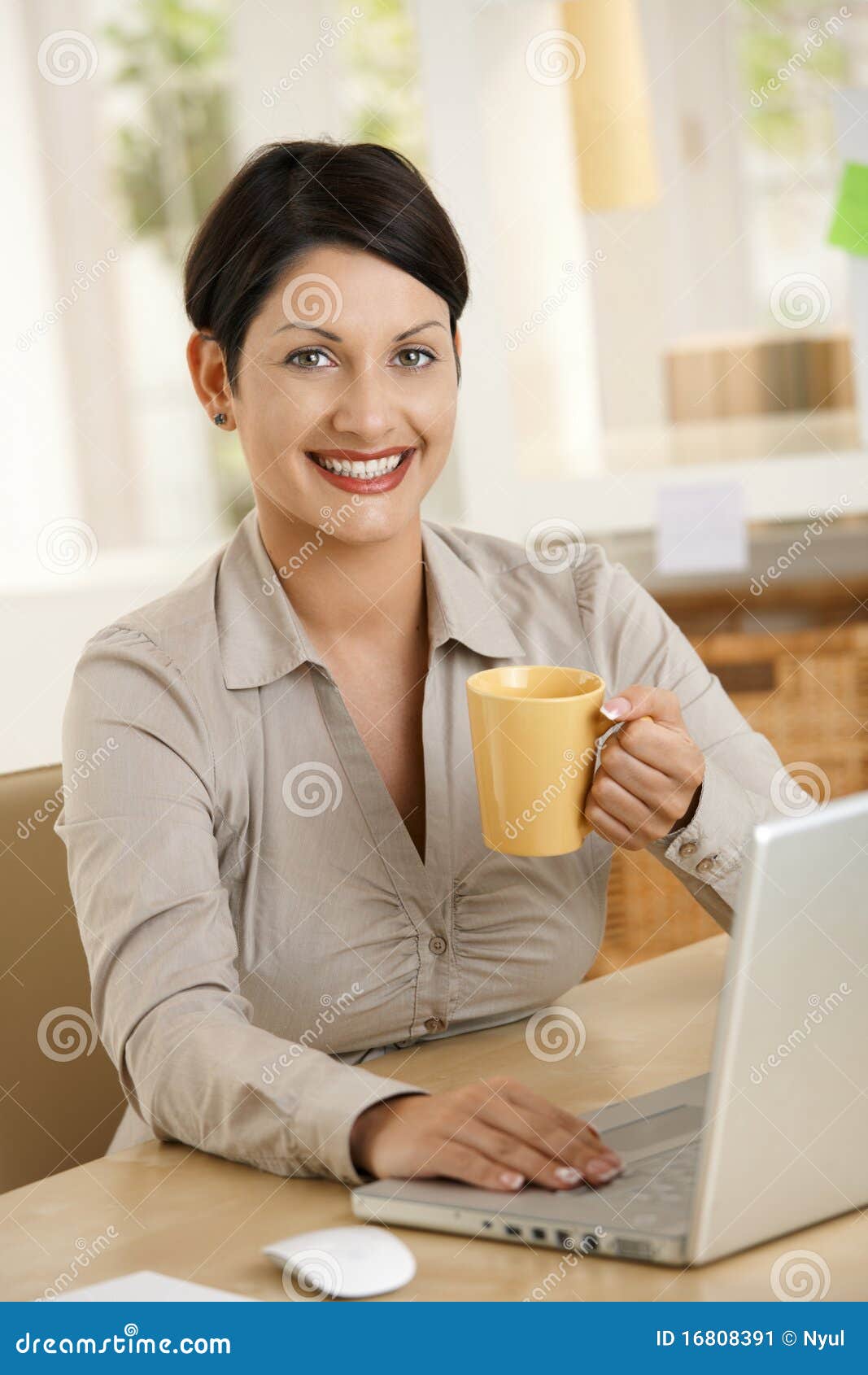 Young Woman Drinking Tea at Desk Stock Image - Image of color ...