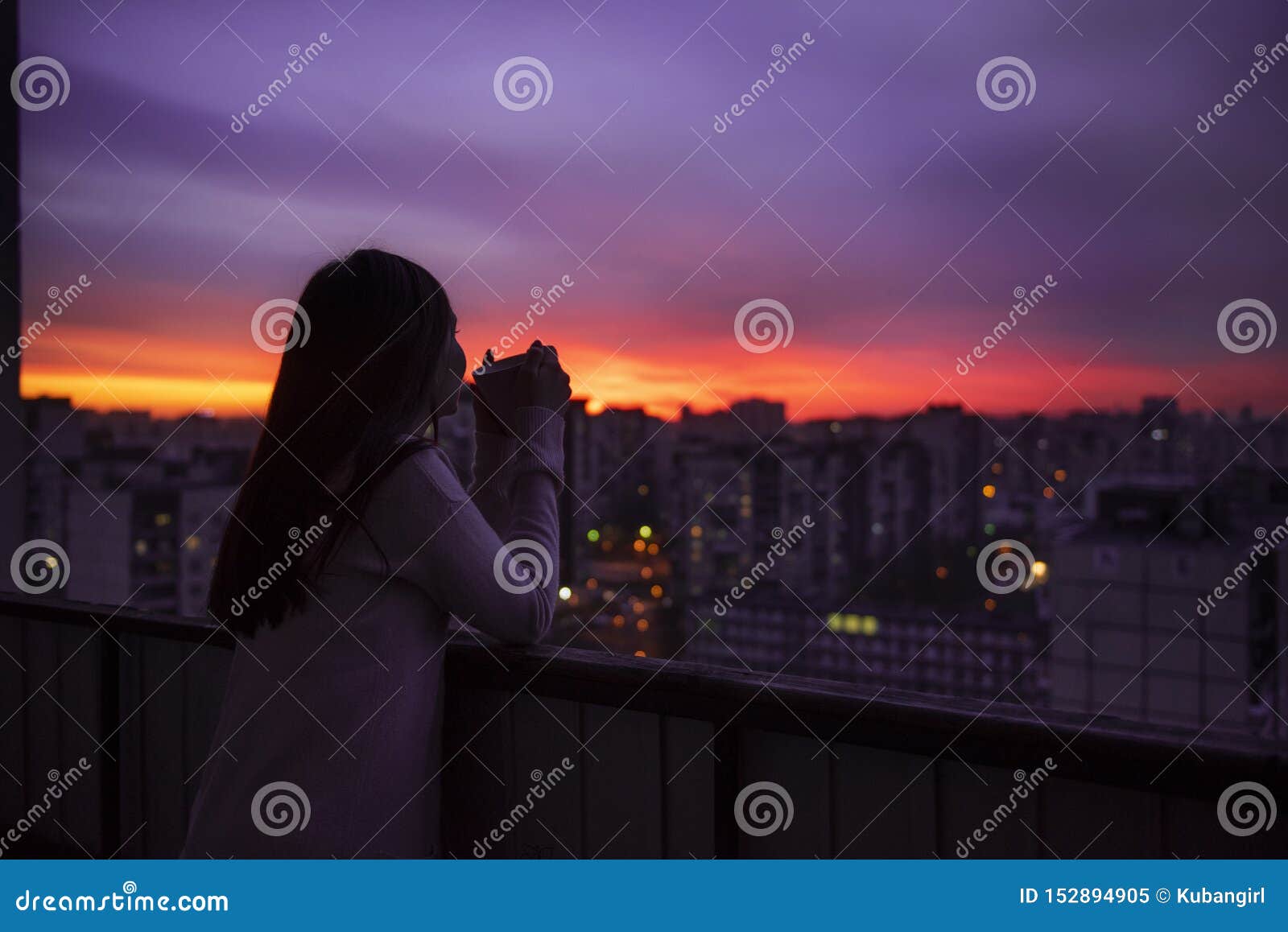 Young Woman Drinking Tea and Watching the Sunset Stock Image - Image of ...