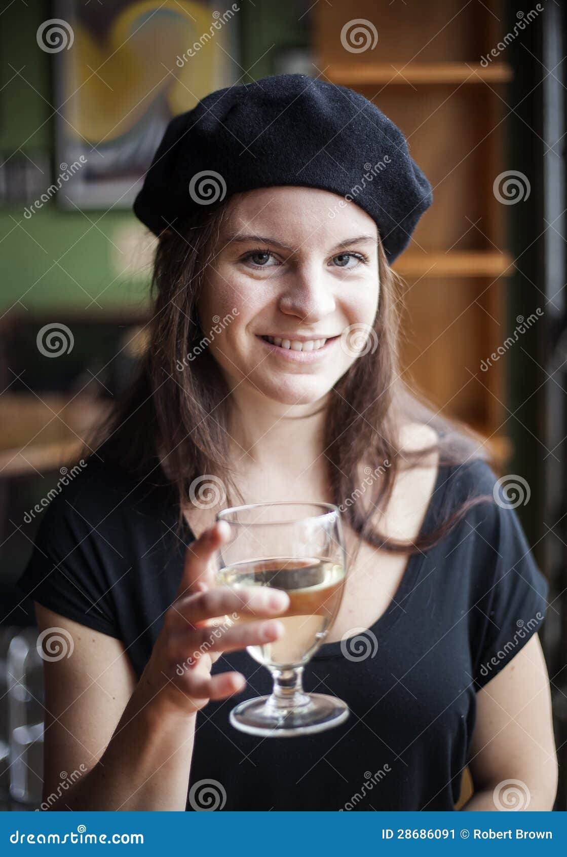 Young Woman Drinking White Wine Stock Image - Image of black, beret ...