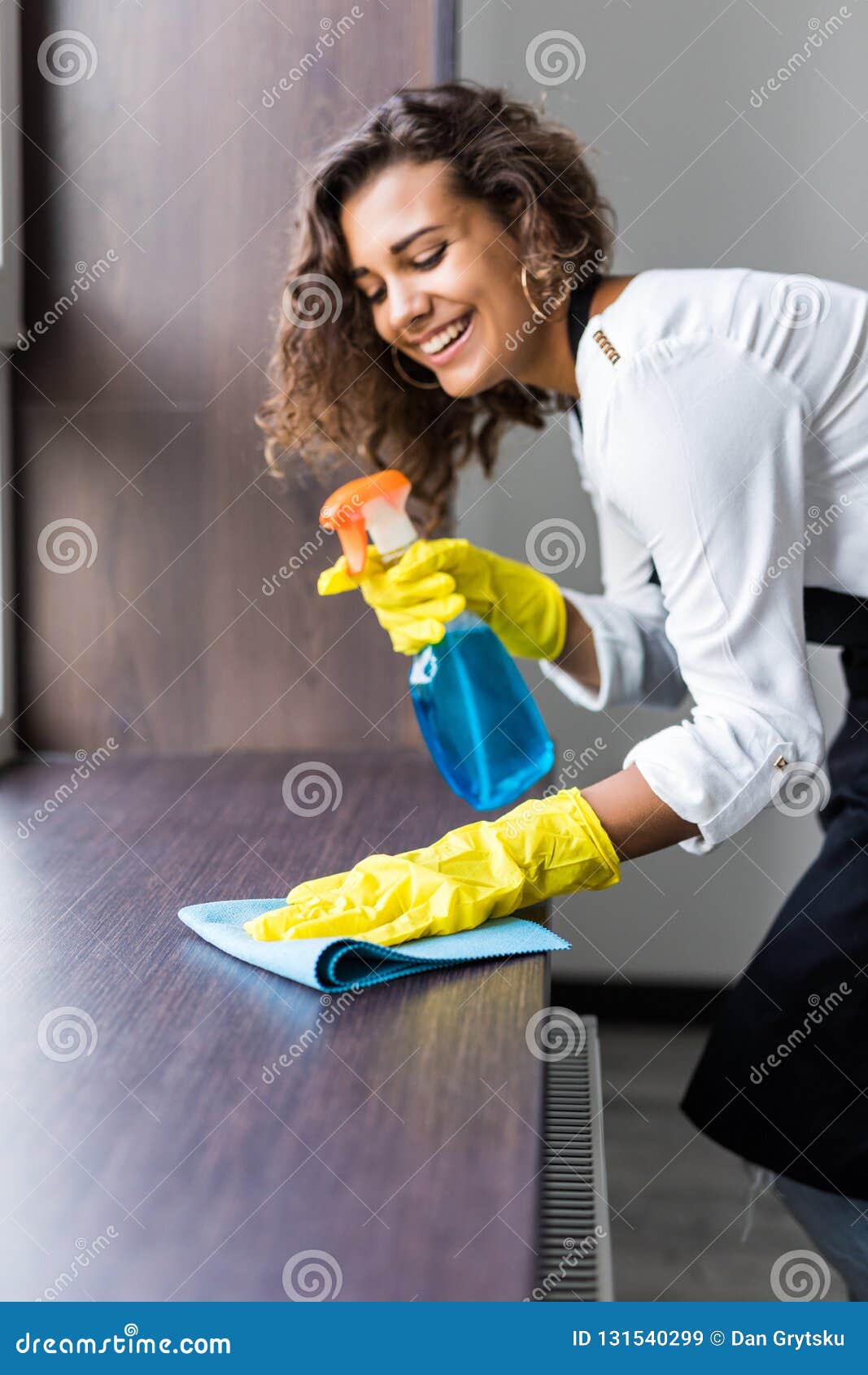 Young Woman Dusting and Spray Windowsill at Home Stock Image - Image of ...