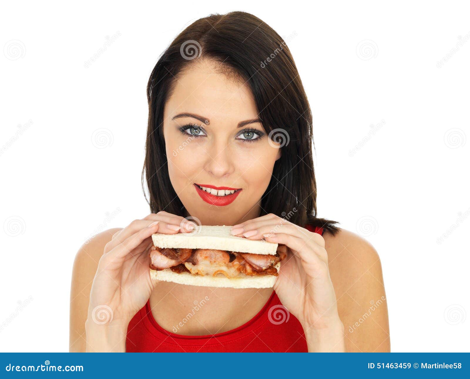 Young Woman Eating a Bacon Sandwich Stock Image - Image of female, path ...