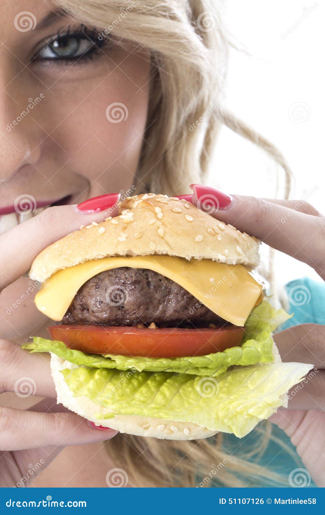 Young Woman Eating a Cheeseburger Stock Photo - Image of isolated ...