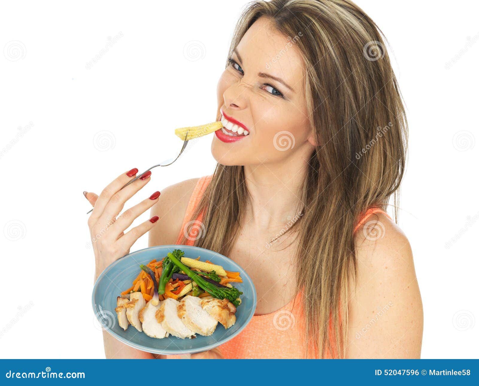 Young Woman Eating Chicken with Mixed Vegetables Stock Photo - Image of ...