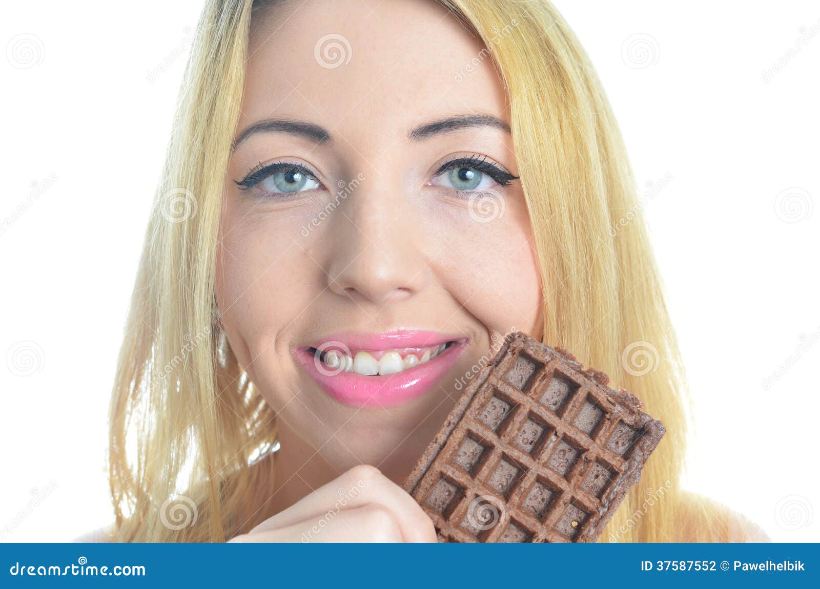 Young Woman Eating Chocolate Waffle Stock Photo - Image of casual ...
