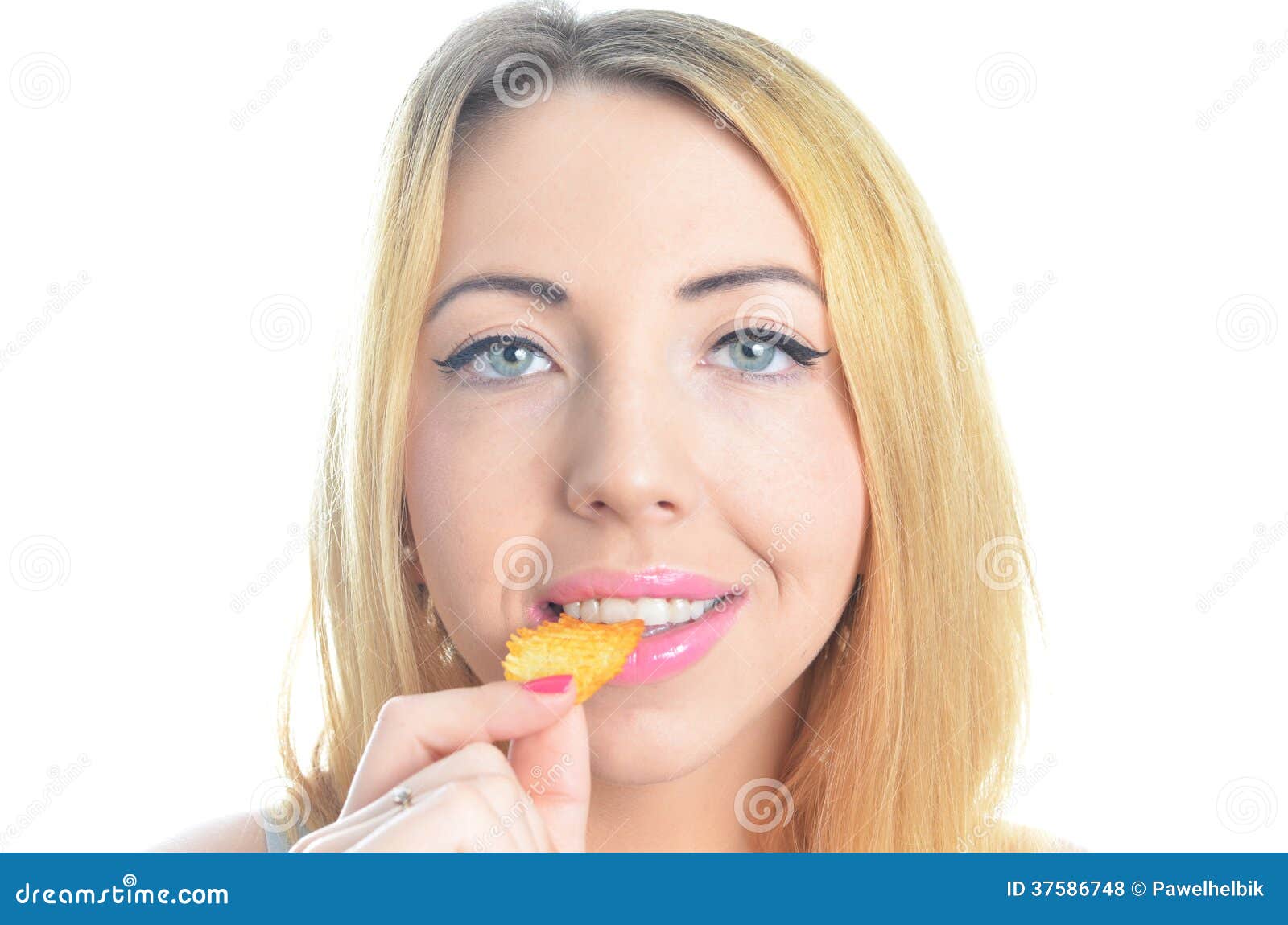 Young woman eating crisps stock photo. Image of model - 37586748