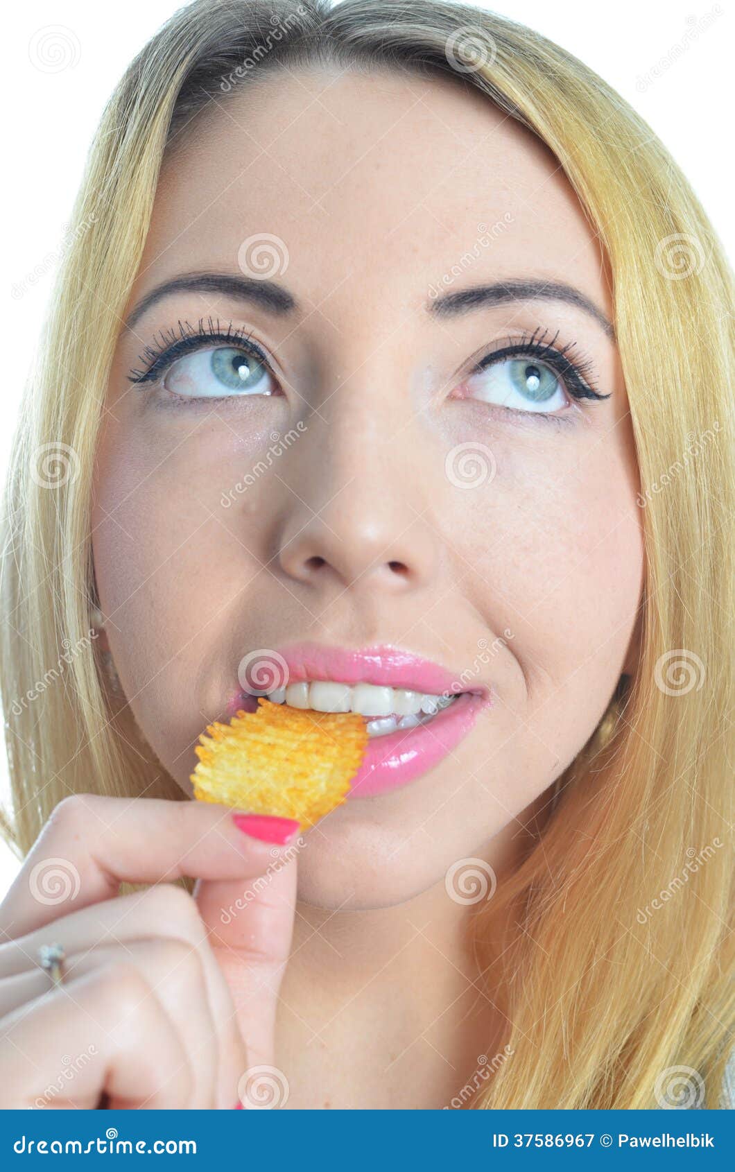 Young woman eating crisps stock image. Image of open - 37586967