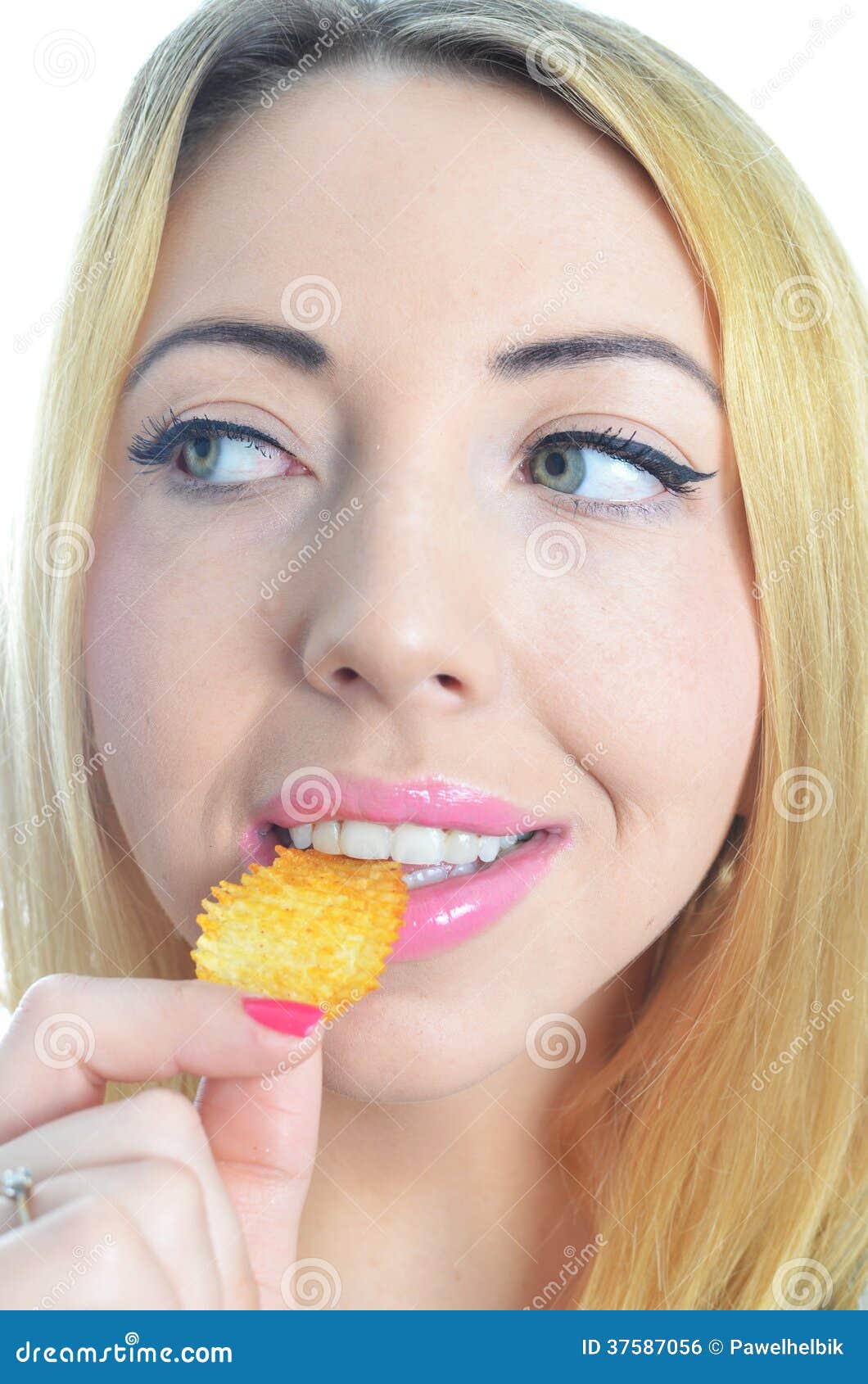 Young woman eating crisps stock photo. Image of isolated - 37587056